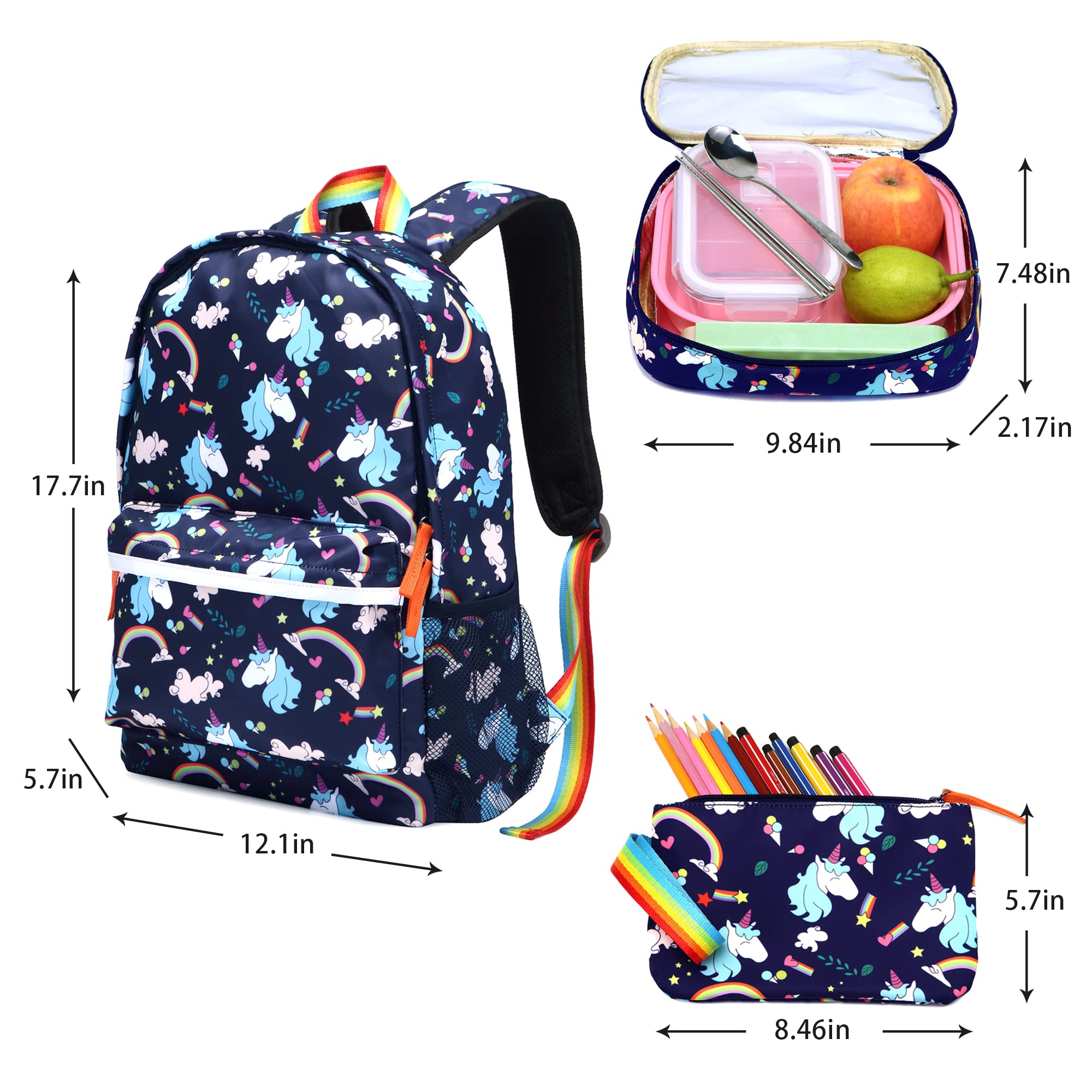 Kemy's Toddler Backpack for Elementary with Lunch Box and Pencil Pouch, Unicorn Kids Backpack for Girls School(Blue 3 Pieces)