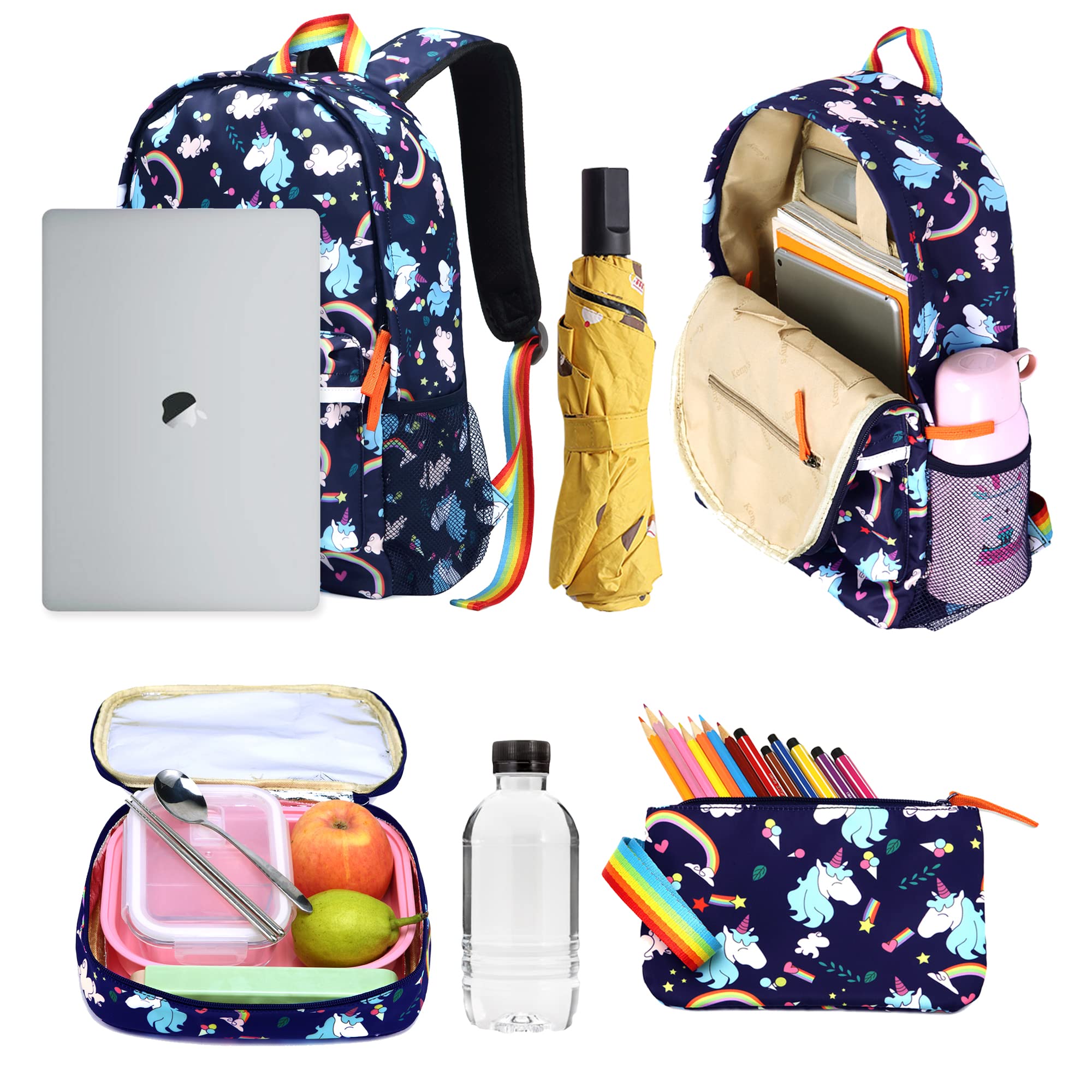 Kemy's Toddler Backpack for Elementary with Lunch Box and Pencil Pouch, Unicorn Kids Backpack for Girls School(Blue 3 Pieces)