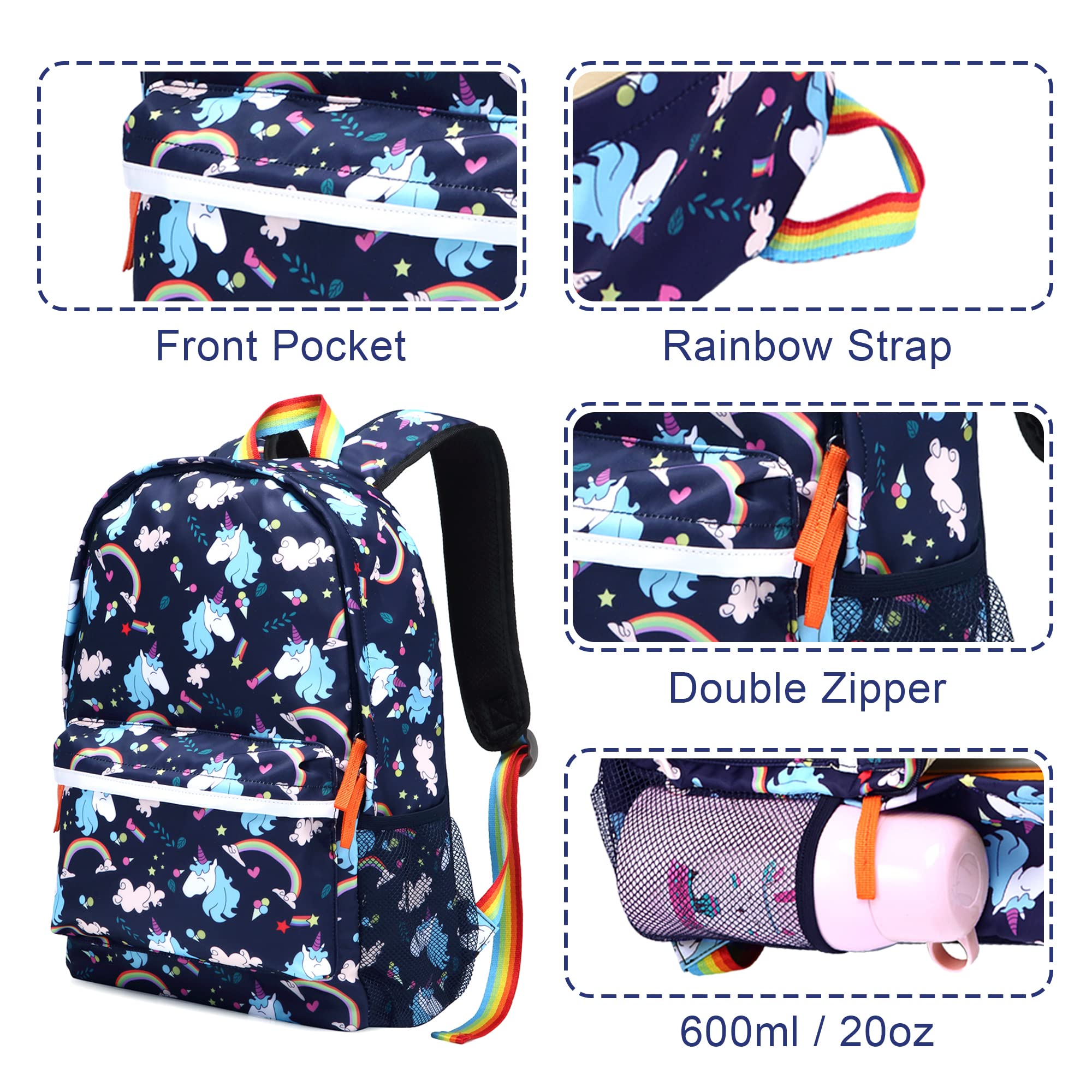 Kemy's Toddler Backpack for Elementary with Lunch Box and Pencil Pouch, Unicorn Kids Backpack for Girls School(Blue 3 Pieces)