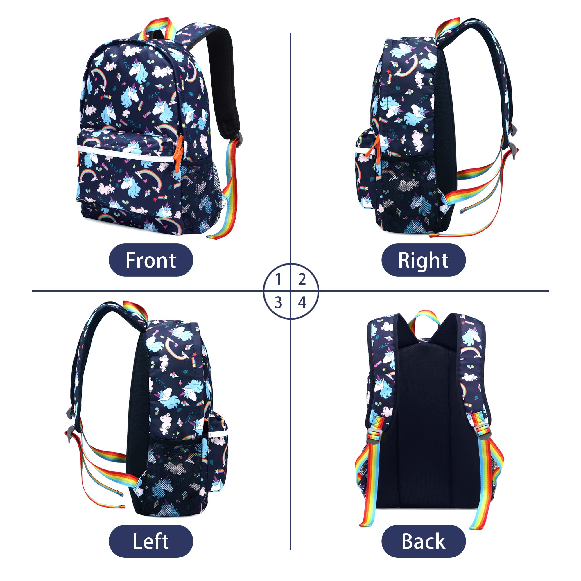 Kemy's Toddler Backpack for Elementary with Lunch Box and Pencil Pouch, Unicorn Kids Backpack for Girls School(Blue 3 Pieces)