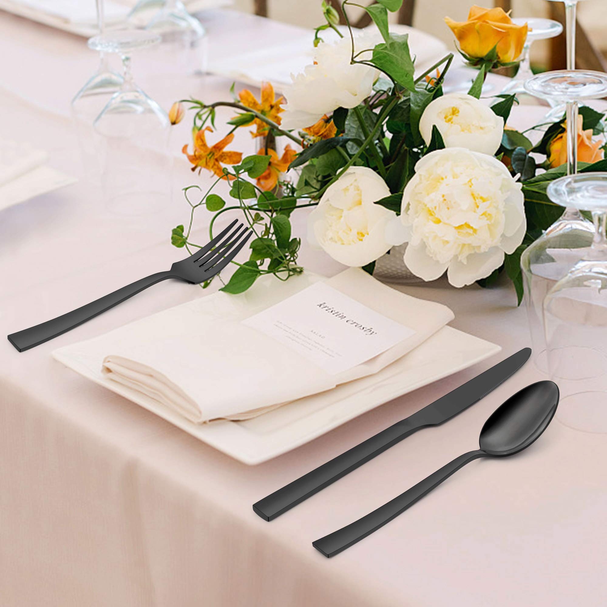 LIANYU 20-Piece Black Silverware Set with Tray, Stainless Steel Square Flatware Cutlery Set for 4, Black Eating Utensils for Home Restaurant, Dishwasher Safe, Mirror Finished