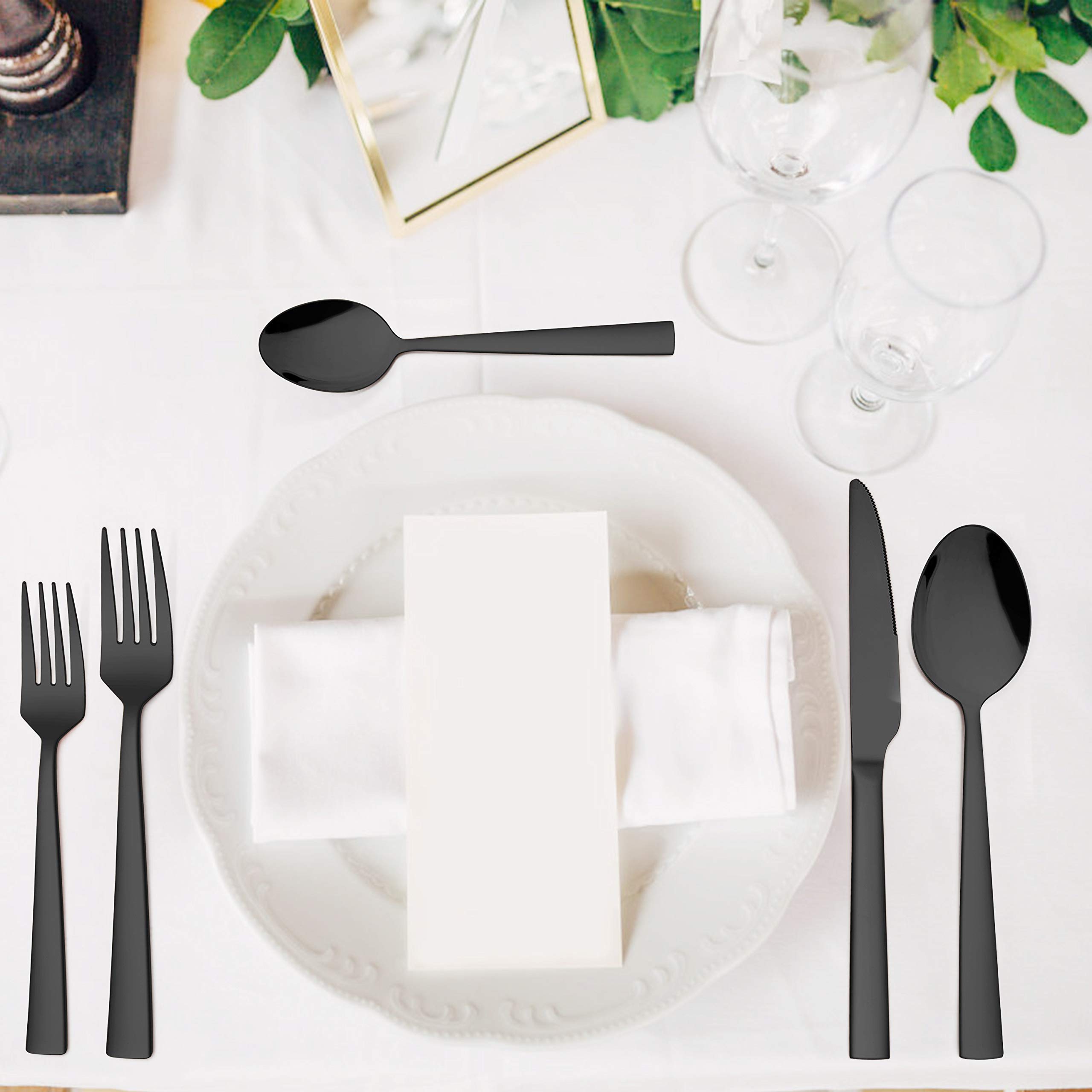 LIANYU 20-Piece Black Silverware Set with Tray, Stainless Steel Square Flatware Cutlery Set for 4, Black Eating Utensils for Home Restaurant, Dishwasher Safe, Mirror Finished