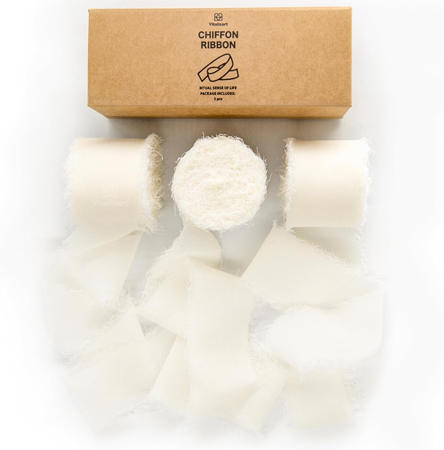 Vitalizart 3 Rolls Handmade Fringe Chiffon Silk Ribbon 1.5" x 7Yd Cream White Ribbons Set for Wedding Invitations, Bridal Bouquets, Gifts Wrapping, DIY Crafts