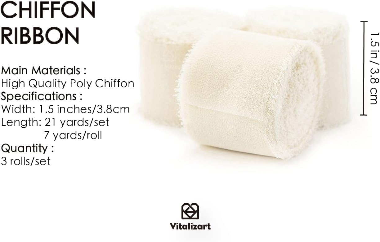 Vitalizart 3 Rolls Handmade Fringe Chiffon Silk Ribbon 1.5" x 7Yd Cream White Ribbons Set for Wedding Invitations, Bridal Bouquets, Gifts Wrapping, DIY Crafts