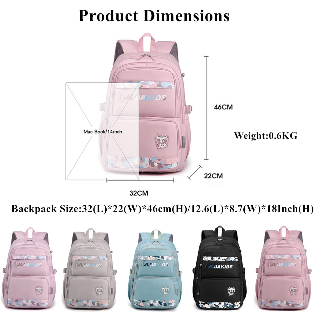 Solid Backpack for Girls Elementary Students Bookbag Primary Schoolbag Knapsack for Kids