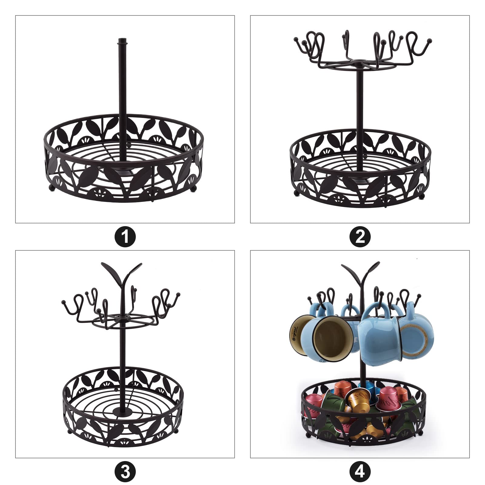 CUKE2BEET Mug Tree with Basket, Coffee Mug Holder Mug Rack with Coffee Pod Storage, Coffee Cup Tree Stand Cup Holder Countertop for Coffee Bar Decor Accessory and Kitchen Organizer (Rotatable)