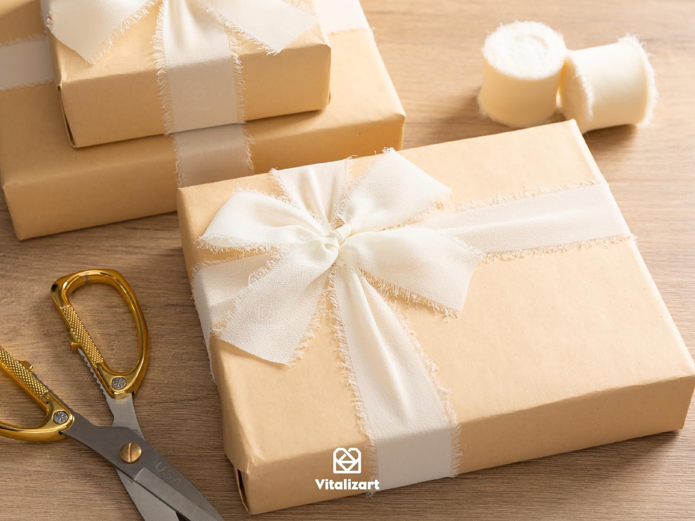 Vitalizart 3 Rolls Handmade Fringe Chiffon Silk Ribbon 1.5" x 7Yd Cream White Ribbons Set for Wedding Invitations, Bridal Bouquets, Gifts Wrapping, DIY Crafts