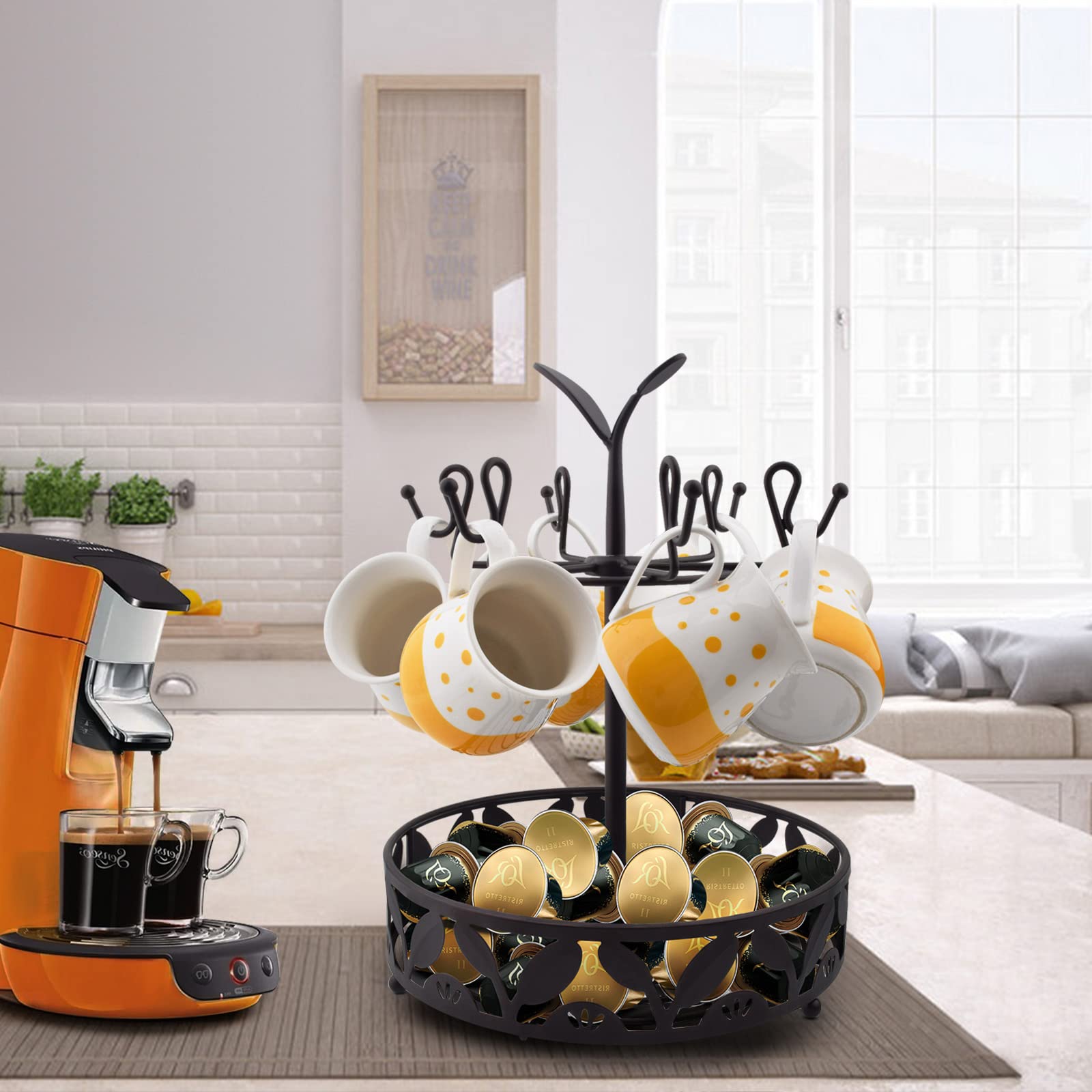 CUKE2BEET Mug Tree with Basket, Coffee Mug Holder Mug Rack with Coffee Pod Storage, Coffee Cup Tree Stand Cup Holder Countertop for Coffee Bar Decor Accessory and Kitchen Organizer (Rotatable)