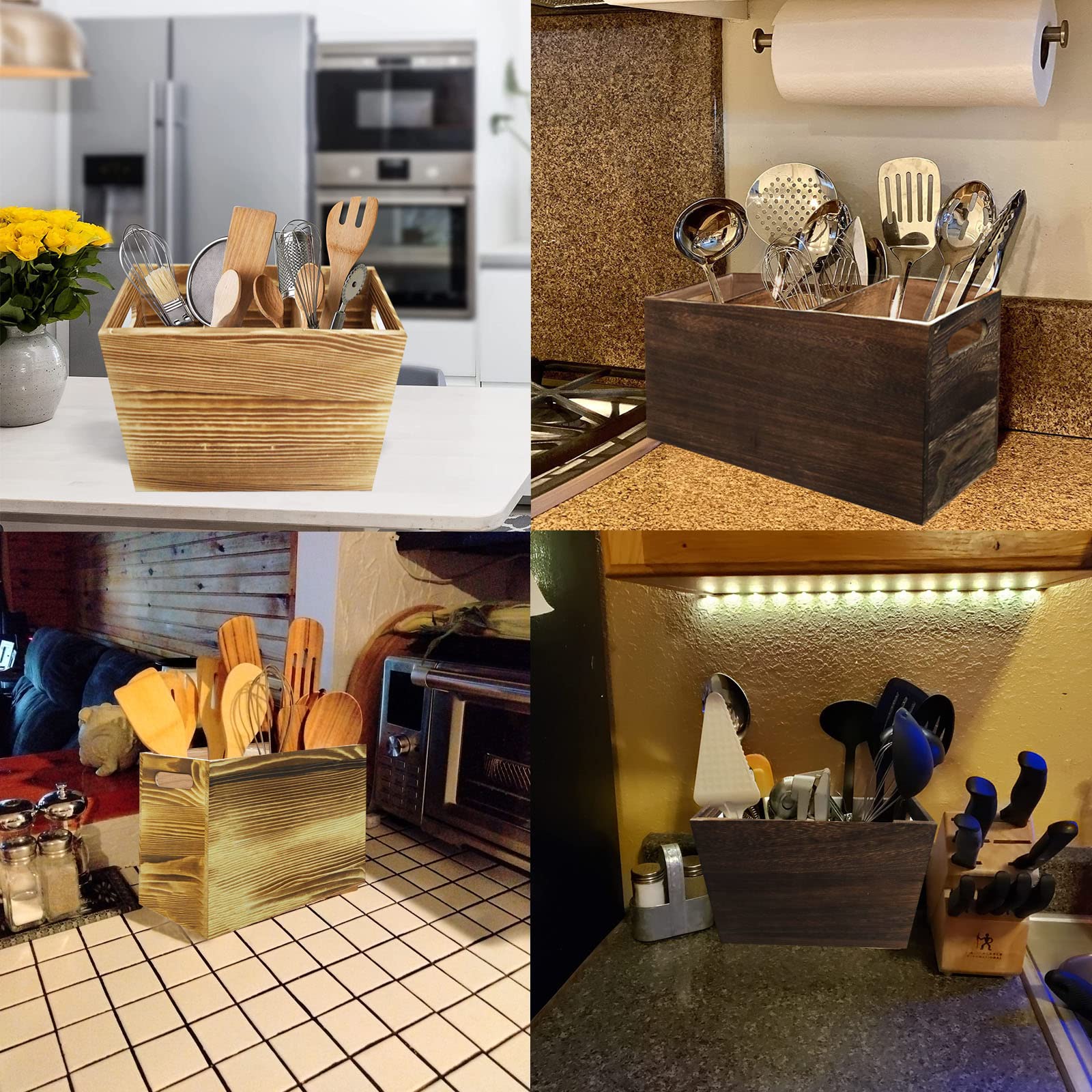 Amrta Kitchen Utensil Holder for Countertop Large Wood Cooking Utensils Organizer with 2 3 Compartments, Organization Wooden Tools Caddy for Counter (Nautral 2 Compartments)