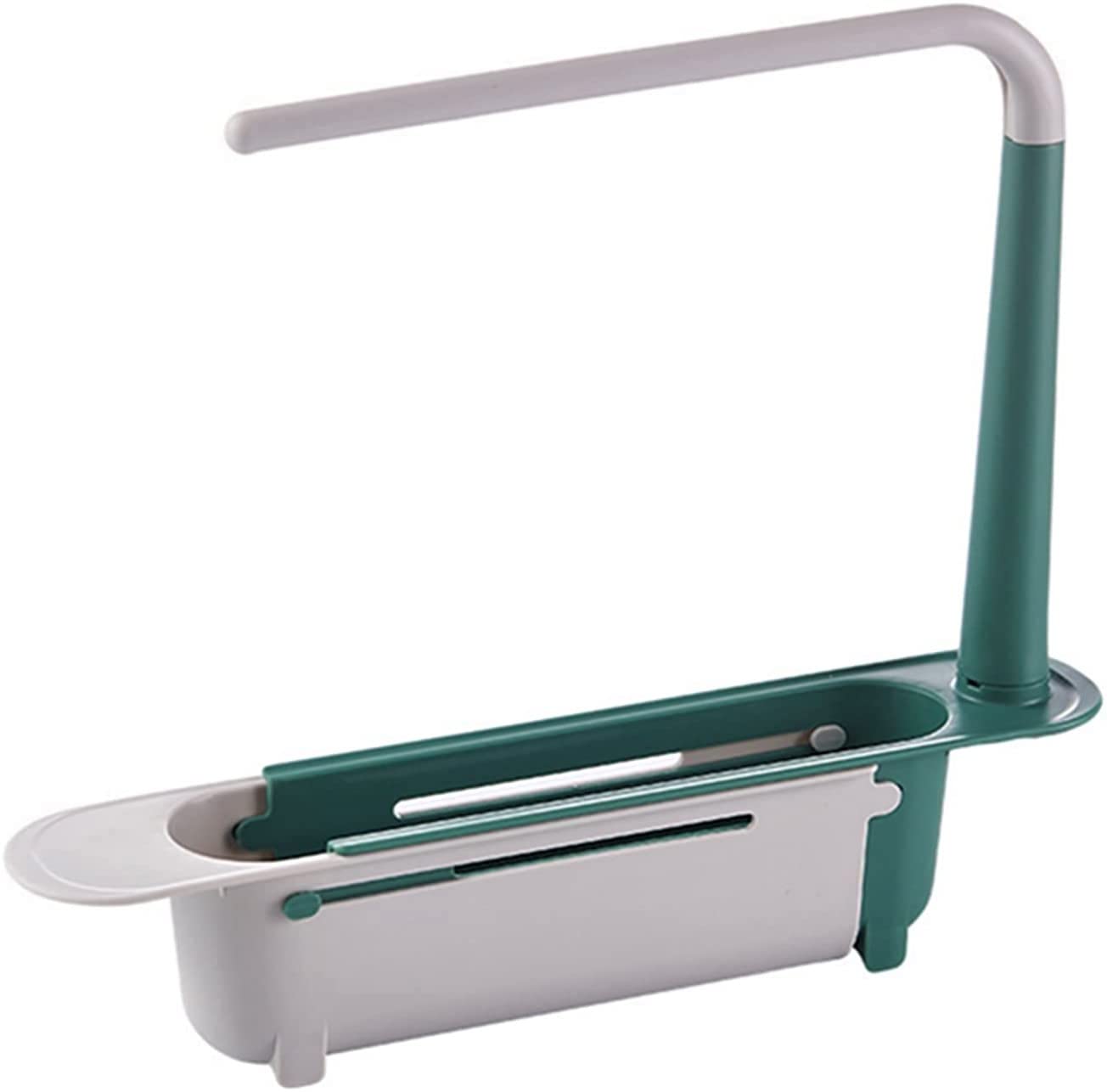 Adjustable Telescopic Sink Storage Organizer Rack Sponge Soap Drain Basket Expandable Organizer for Home Kitchen with Dish Cloth Hanger (Green)