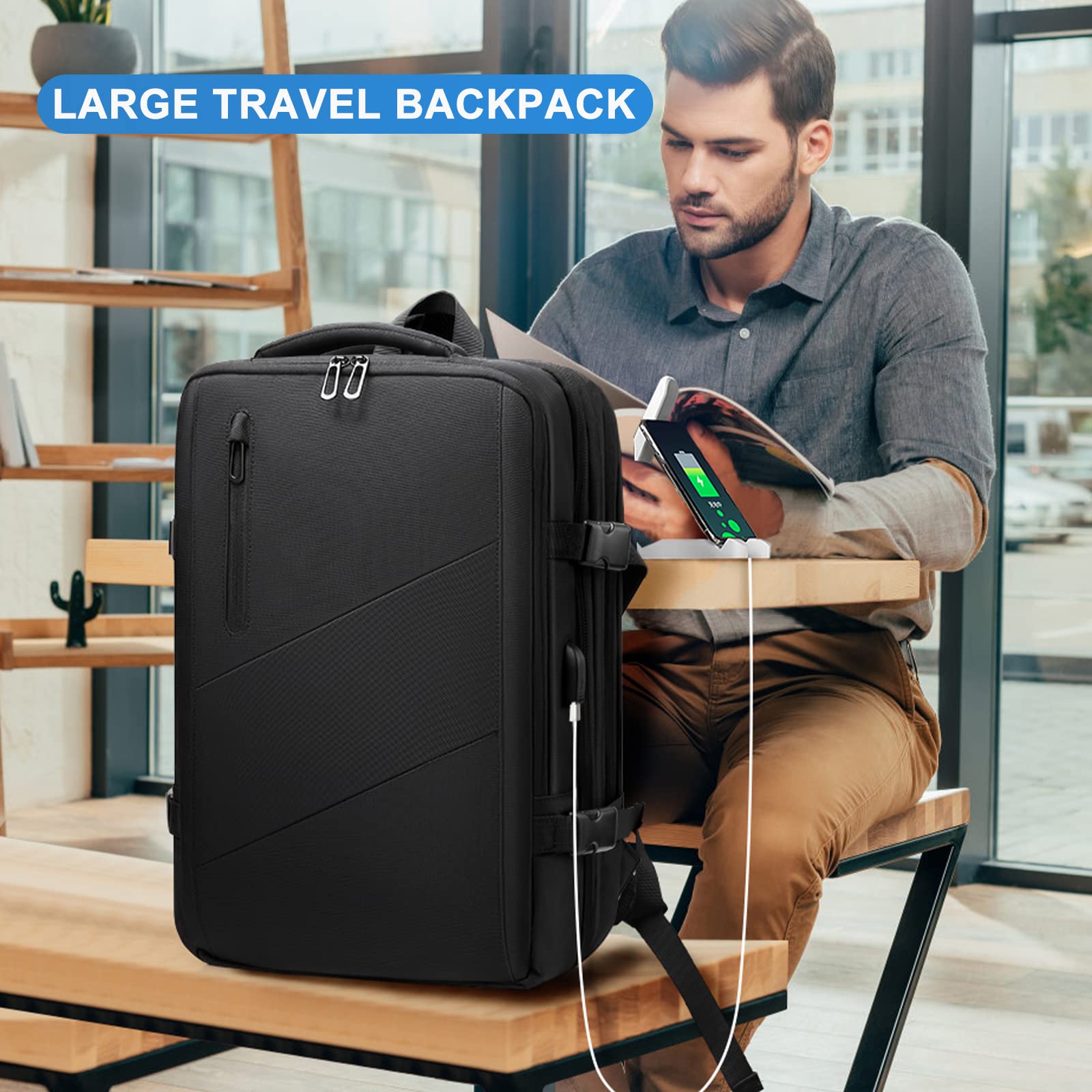 Men Carry on Travel Backpack 40L,Hiking Backpack Waterproof for Women, Lightweight School Casual Daypack Laptop Backpack with Expandable Airplane Approved 15.6 inch Laptop Compartment USB Charge Port