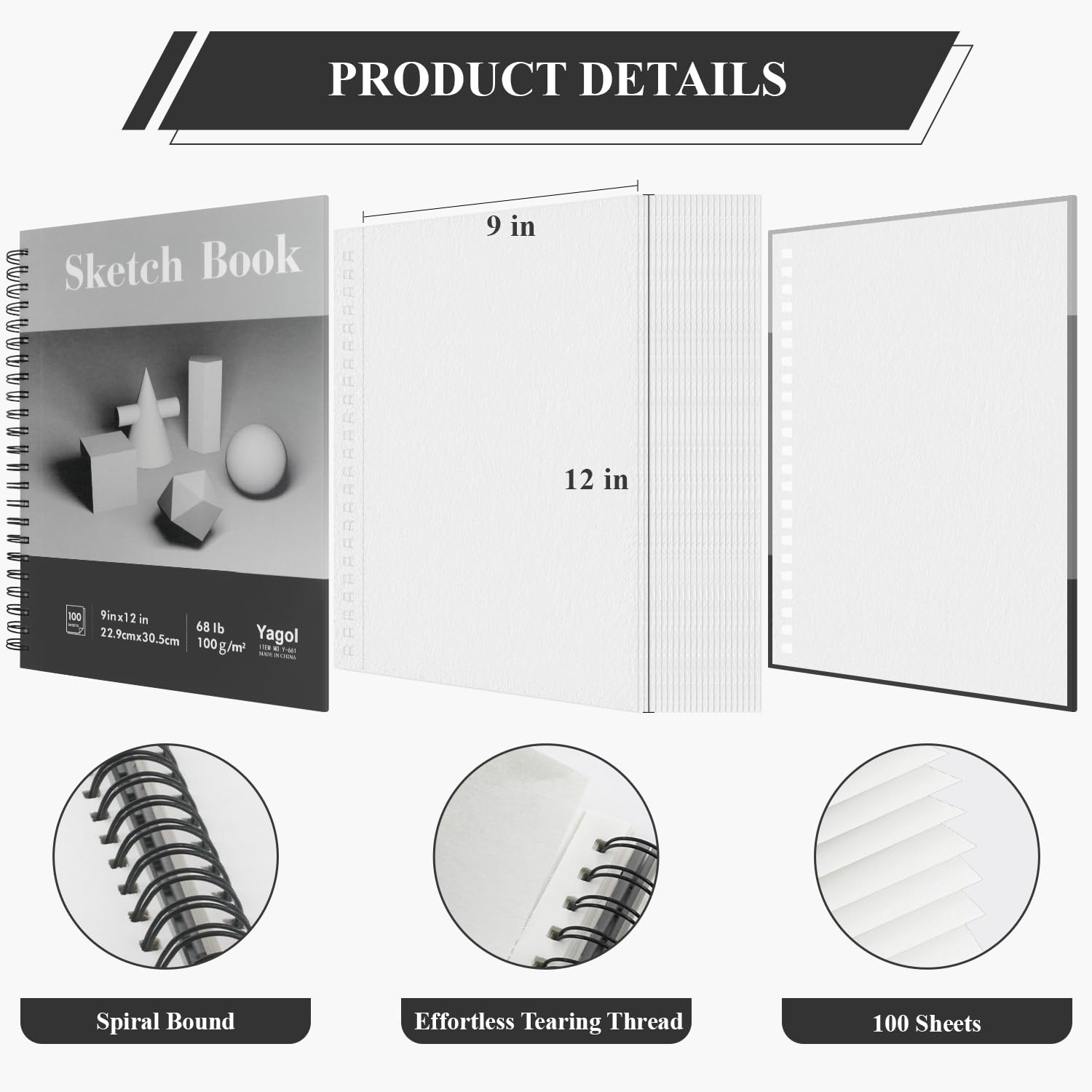 Yagol Sketchbook 9x12 Inch 100 Sheets 68LB/100GSM, Sketch Pad with Spiral-Bound Art Paper for Drawing and Painting for Pencils, Charcoal, Dry Media
