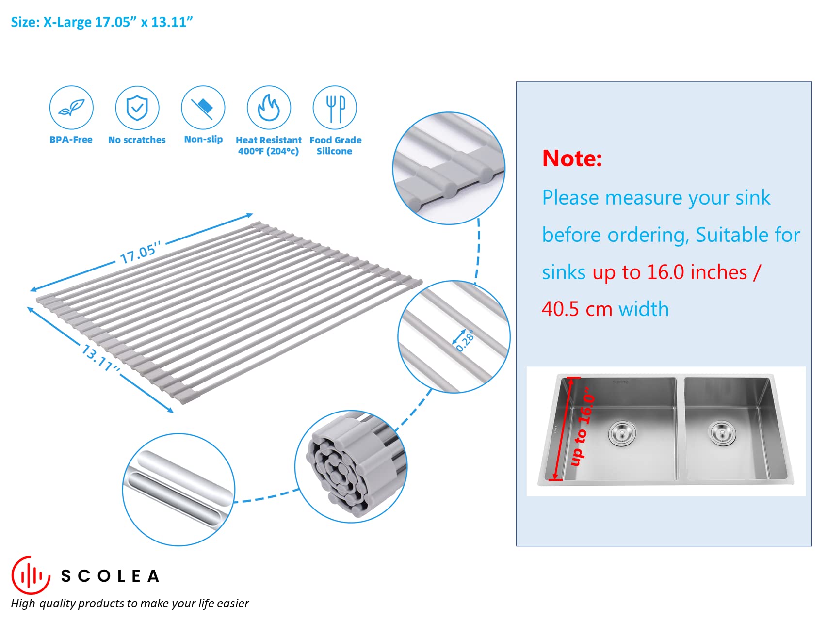 SCOLEA Roll Up Dish Drying Rack Over The Sink, Medium 17.1βx13.1β Heavy Duty, Multipurpose Roll-Up Foldable Silicone Coated Collapsible Drainer for Kitchen Sink (Warm Gray, Medium 17.1βx13.1β)