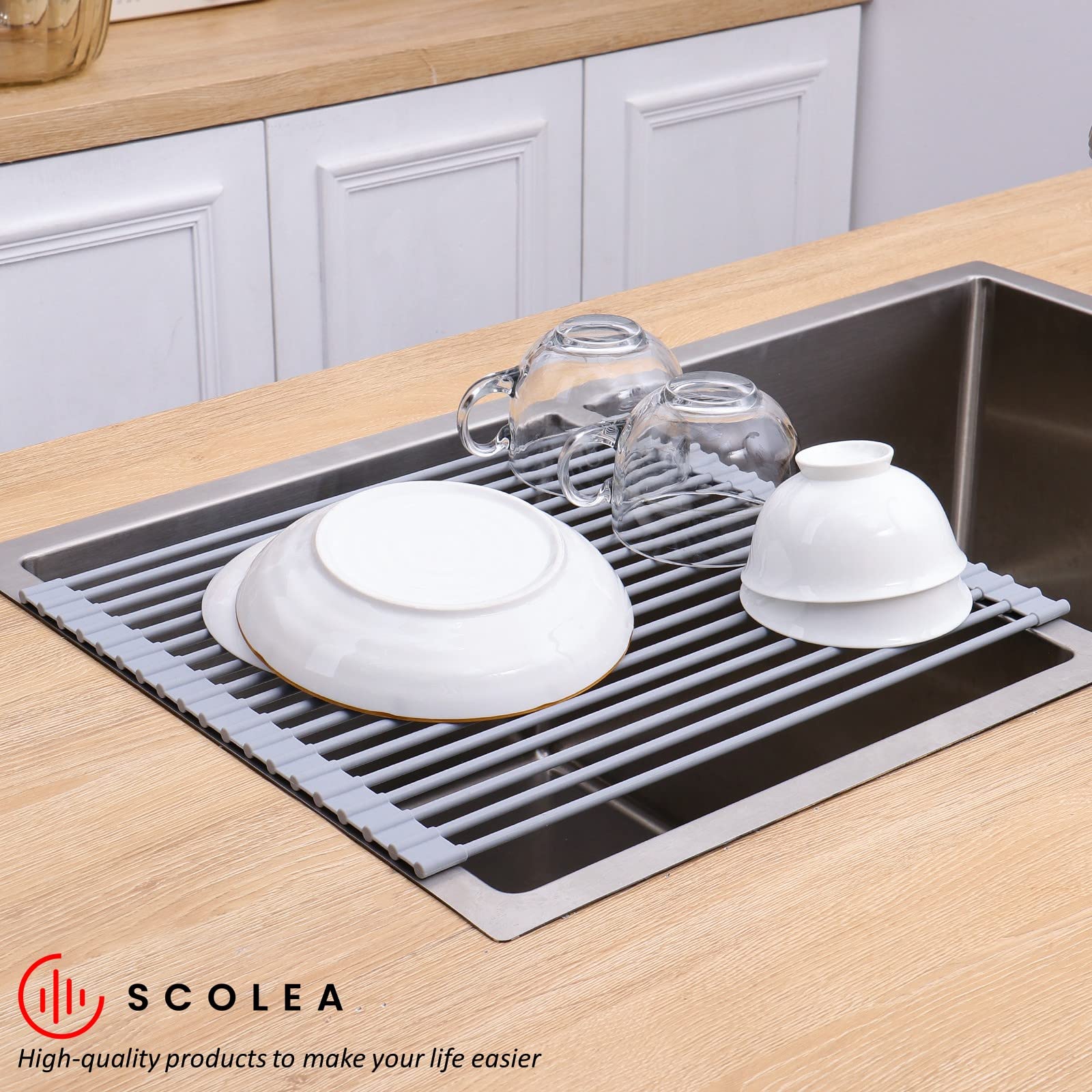 SCOLEA Roll Up Dish Drying Rack Over The Sink, Medium 17.1βx13.1β Heavy Duty, Multipurpose Roll-Up Foldable Silicone Coated Collapsible Drainer for Kitchen Sink (Warm Gray, Medium 17.1βx13.1β)