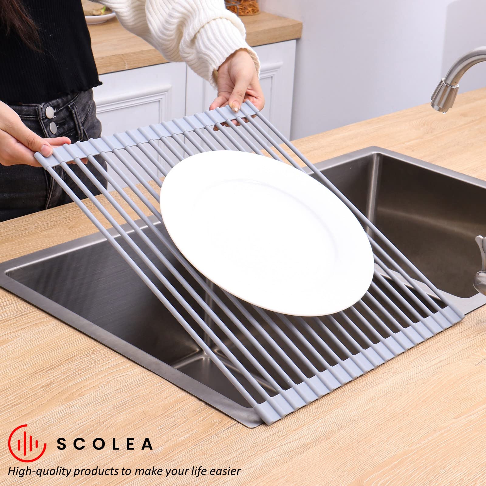 SCOLEA Roll Up Dish Drying Rack Over The Sink, Medium 17.1βx13.1β Heavy Duty, Multipurpose Roll-Up Foldable Silicone Coated Collapsible Drainer for Kitchen Sink (Warm Gray, Medium 17.1βx13.1β)