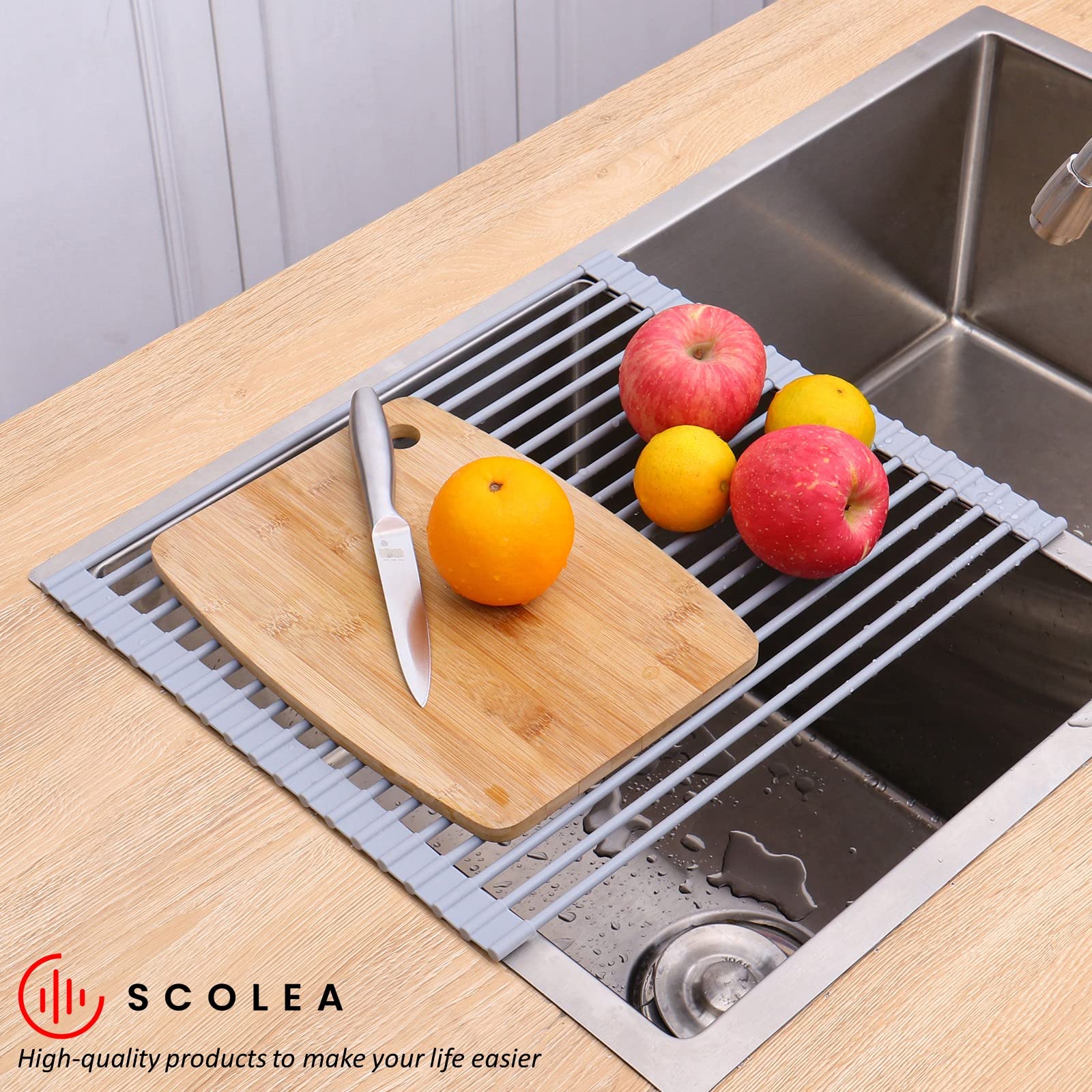 SCOLEA Roll Up Dish Drying Rack Over The Sink, Medium 17.1βx13.1β Heavy Duty, Multipurpose Roll-Up Foldable Silicone Coated Collapsible Drainer for Kitchen Sink (Warm Gray, Medium 17.1βx13.1β)