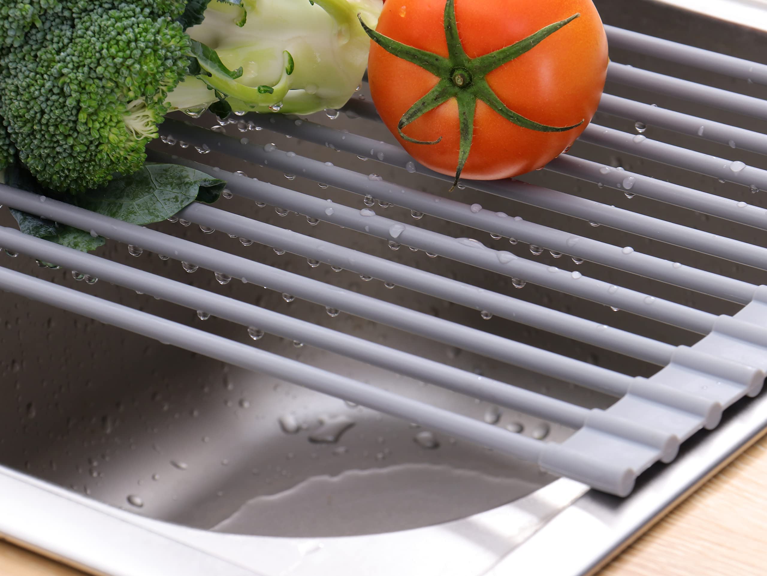 SCOLEA Roll Up Dish Drying Rack Over The Sink, Medium 17.1βx13.1β Heavy Duty, Multipurpose Roll-Up Foldable Silicone Coated Collapsible Drainer for Kitchen Sink (Warm Gray, Medium 17.1βx13.1β)