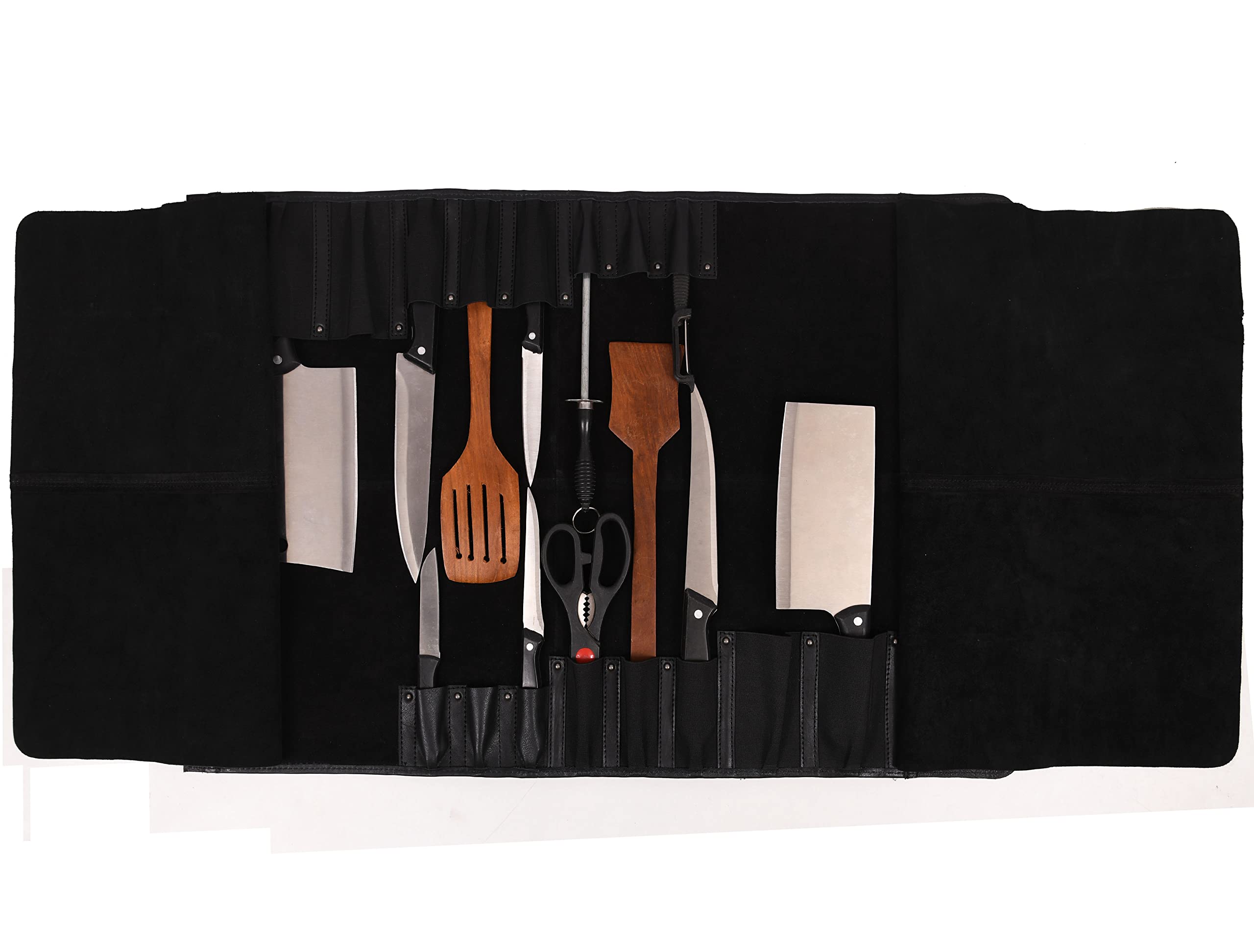Aaron Leather Goods Leather Knife Roll Storage Bag | Elastic and Expandable 10 Pockets | 6 Leather Pocket | Travel-Friendly Chef Knife Case Roll (Raven, Leather)