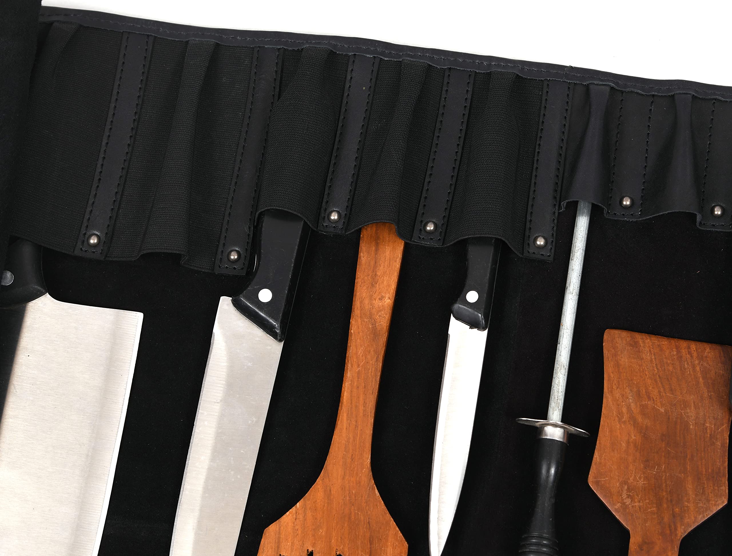 Aaron Leather Goods Leather Knife Roll Storage Bag | Elastic and Expandable 10 Pockets | 6 Leather Pocket | Travel-Friendly Chef Knife Case Roll (Raven, Leather)