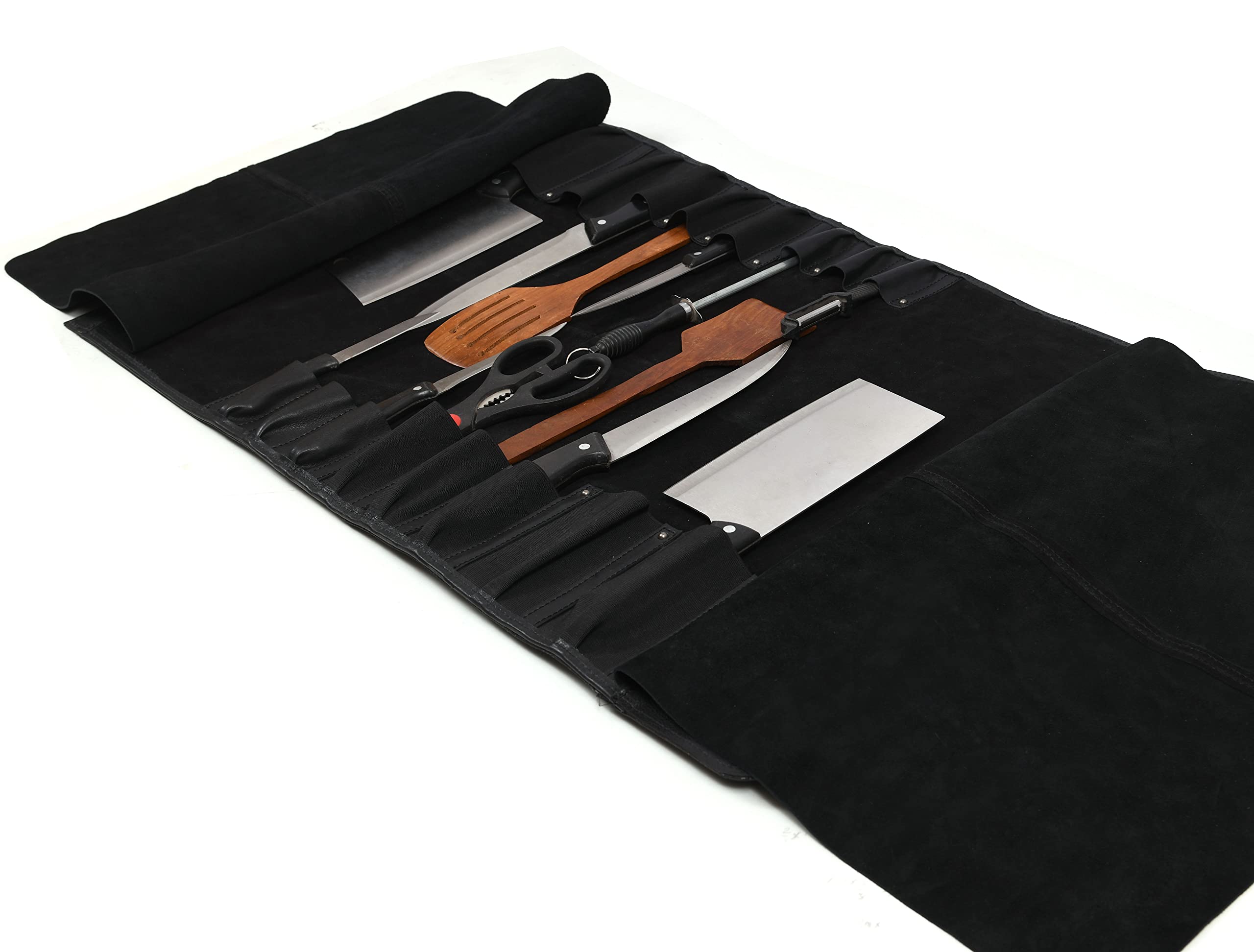 Aaron Leather Goods Leather Knife Roll Storage Bag | Elastic and Expandable 10 Pockets | 6 Leather Pocket | Travel-Friendly Chef Knife Case Roll (Raven, Leather)