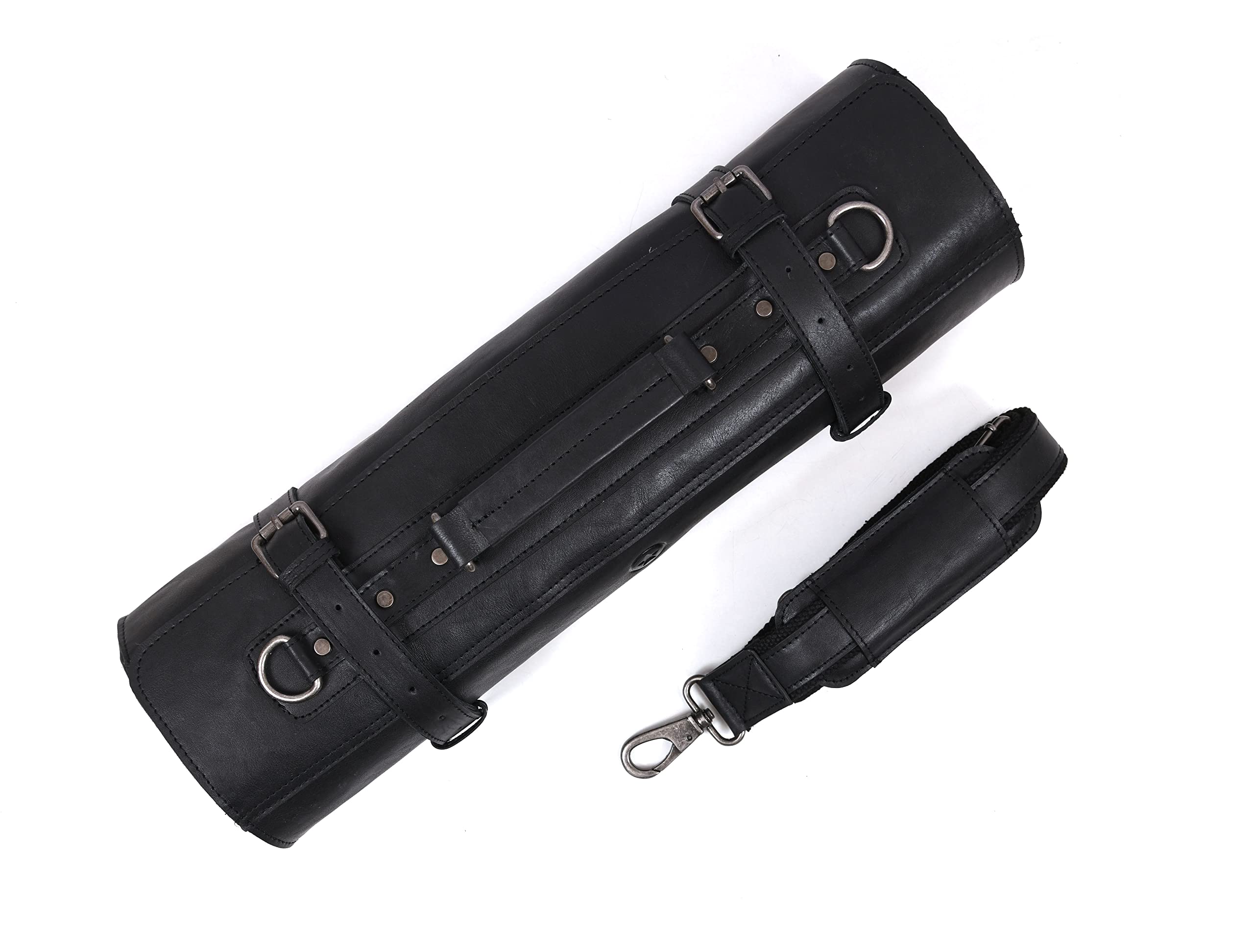 Aaron Leather Goods Leather Knife Roll Storage Bag | Elastic and Expandable 10 Pockets | 6 Leather Pocket | Travel-Friendly Chef Knife Case Roll (Raven, Leather)