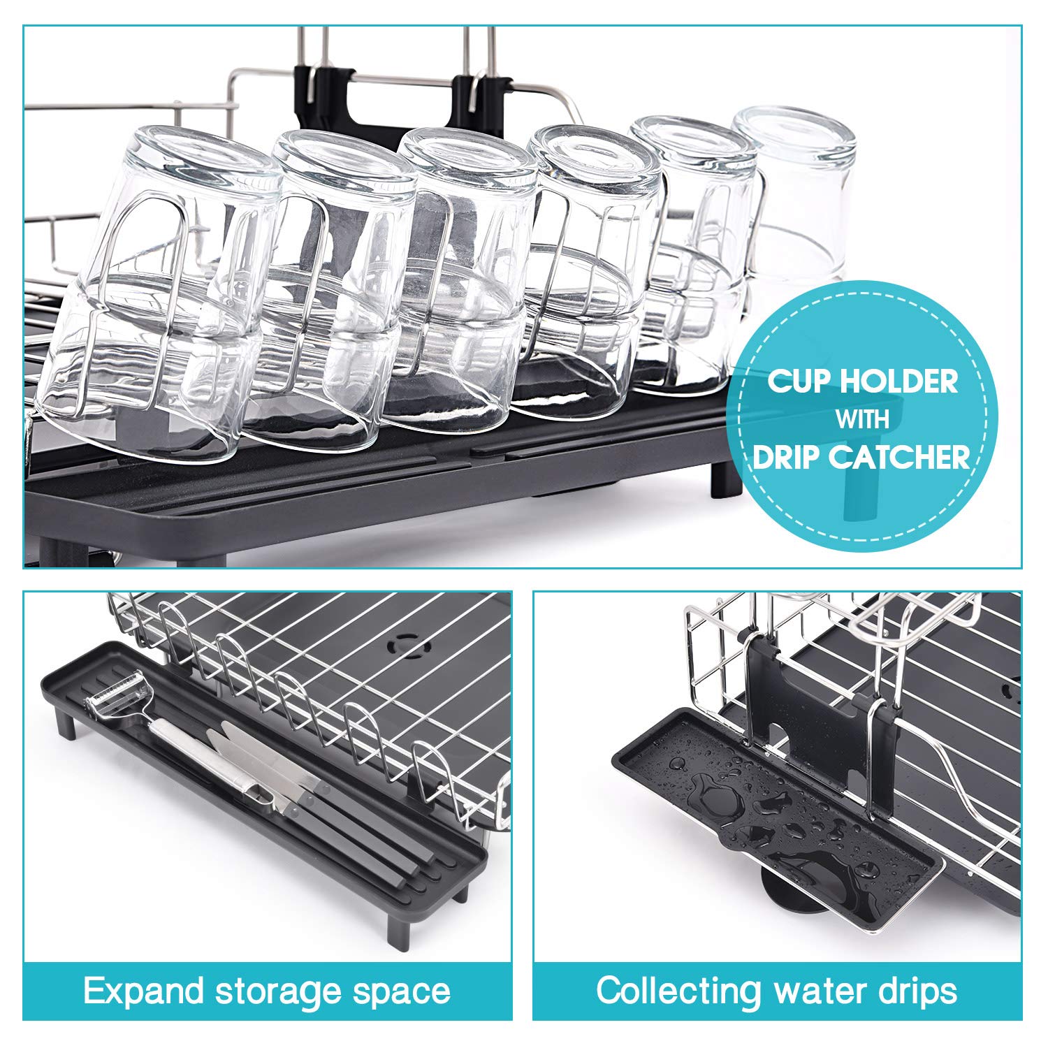 KINGRACK 2 Tier Dish Rack,304 Stainless Steel Dish Drainer,Large Capacity Dish Drying Rack with Drip Tray,Removable Cutting Board Wine Glasses Cups Holder for Kitchen,Medium Size