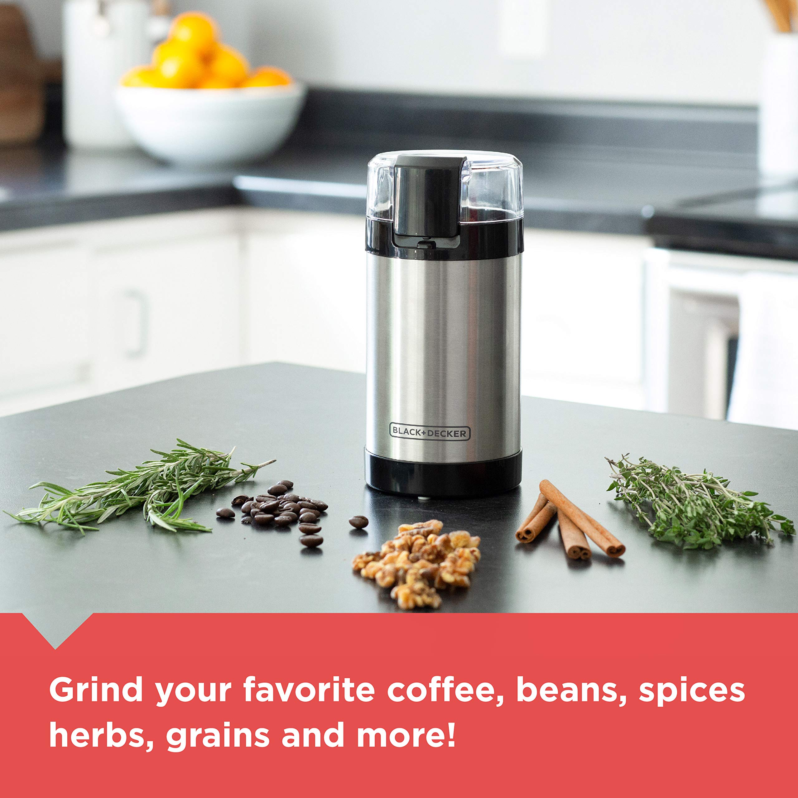 BLACK+DECKER Coffee Grinder One Touch Push-Button Control, 2/3 Cup Bean Capacity, Stainless Steel
