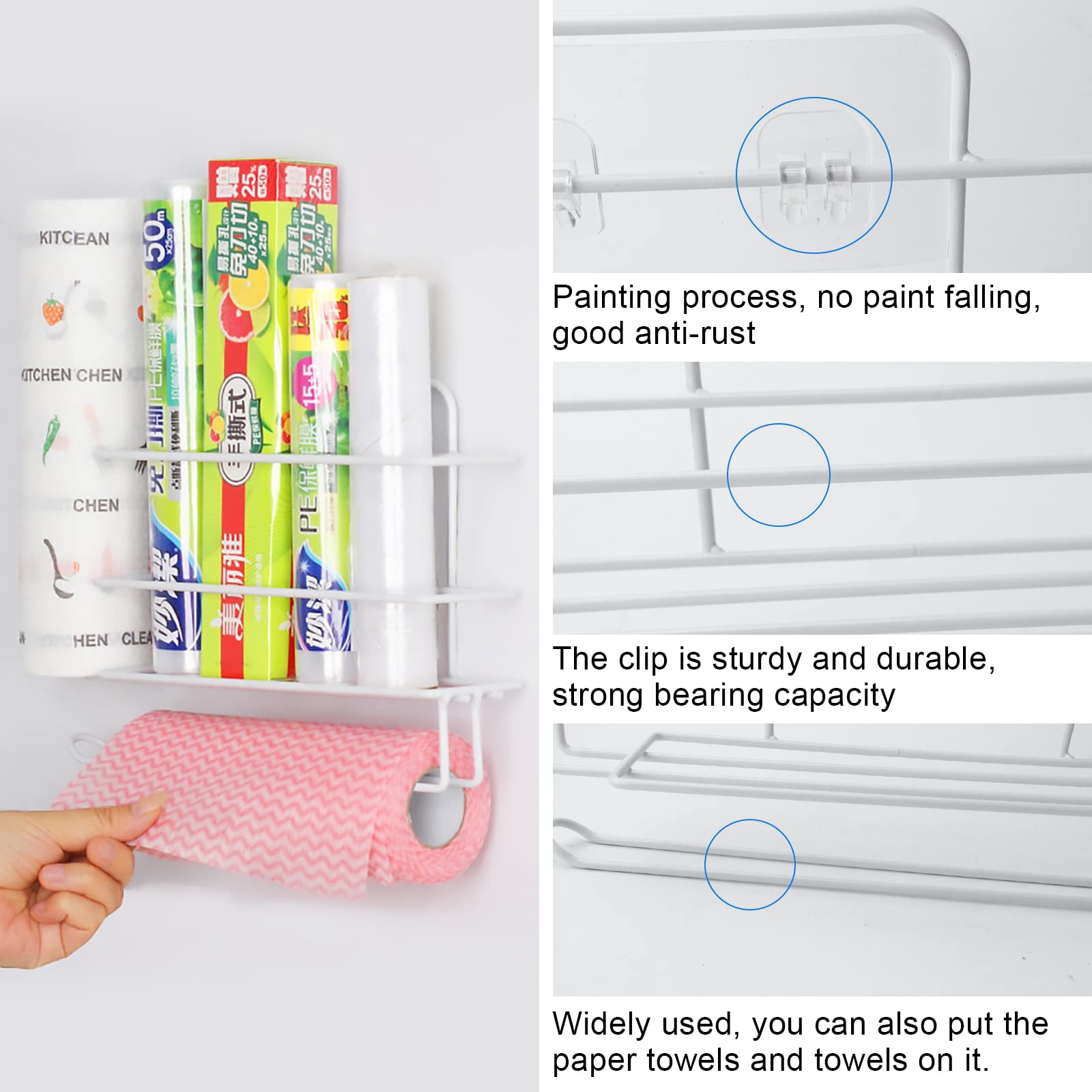 Cabinet Door Wall Mount Wrap Organizer Rack with 2 Rods, No Drilling, Multi-Purpose Kitchen Door Organizer Storage for Cutting Board, Aluminum Foil, Plastic Wrap (White)