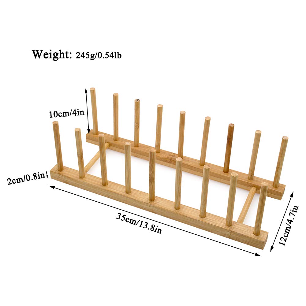 LZYMSZ Set of 2 Bamboo Wooden Dish Rack, Plate Rack Stand Pot Lid Holder, Kitchen Cabinet Organizer for Bowl, Cup, Cutting Board and More