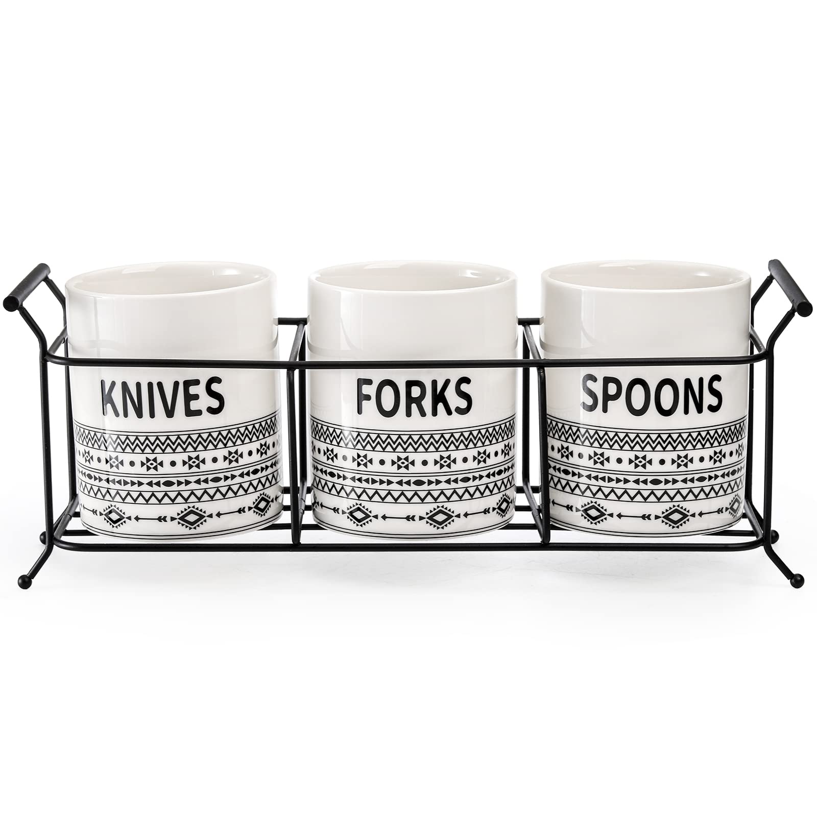 Bekith 3-Piece Ceramic Silverware Caddy with Metal Rack, Utensil Holder Flatware Caddy Cutlery Storage Organizer for Kitchen Table, Cabinet or Pantry, White