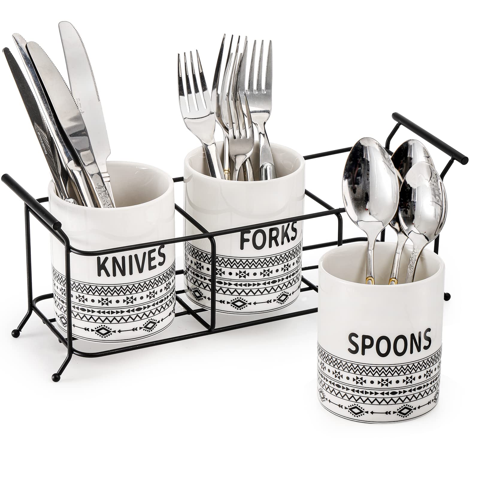 Bekith 3-Piece Ceramic Silverware Caddy with Metal Rack, Utensil Holder Flatware Caddy Cutlery Storage Organizer for Kitchen Table, Cabinet or Pantry, White