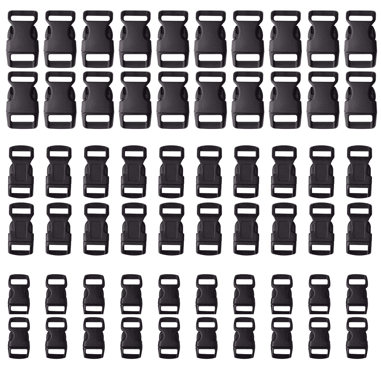 5/8, 1/2, and 3/8 inch(20 Each) Black Plastic Contoured Side Release Buckles for Paracord Bracelets-60pcs