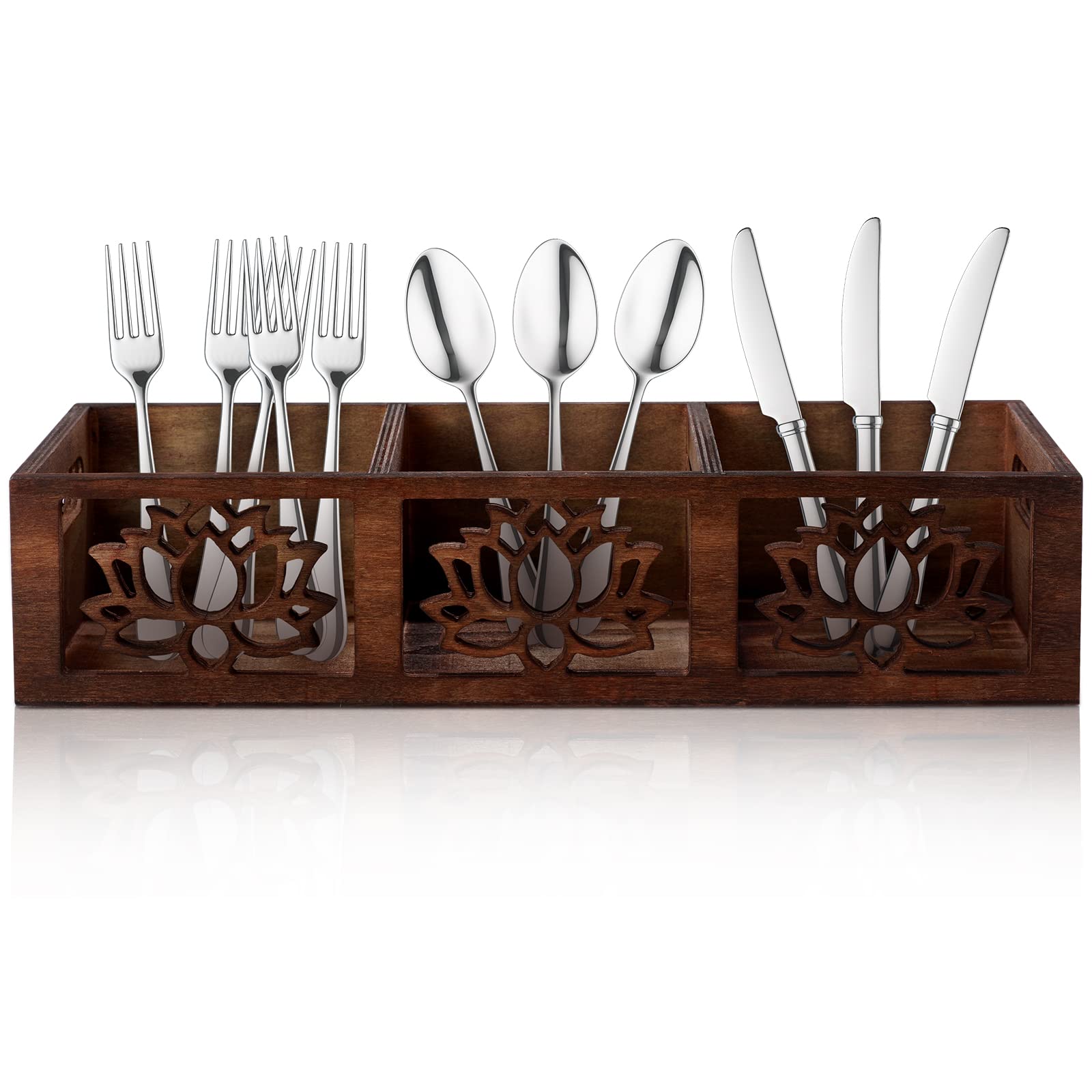 3 Slot Wooden Silverware Utensil Desk Organizer Caddy Utensil Organizer Cutlery Pen Pencil Caddy Desktop Storage with 3 Compartments Multiuse for Kitchen Office Supplies