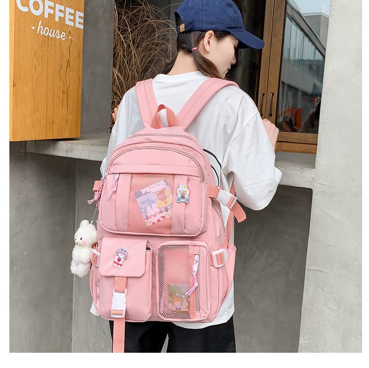 Kawaii Backpack with Pins and Pendant Accessories Cute College High School Backpack Laptop Bookbags for Teens Girls (Pink)
