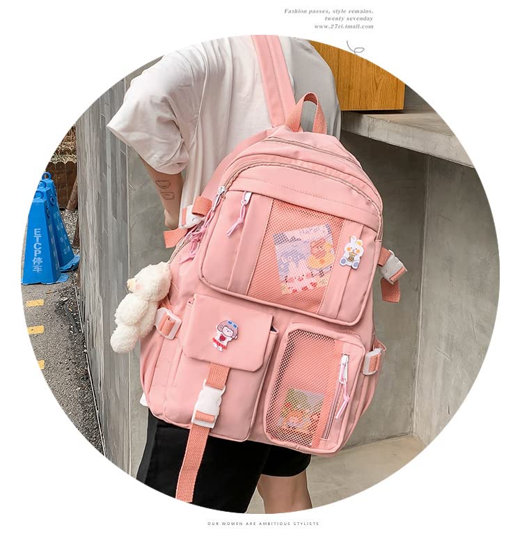 Kawaii Backpack with Pins and Pendant Accessories Cute College High School Backpack Laptop Bookbags for Teens Girls (Pink)