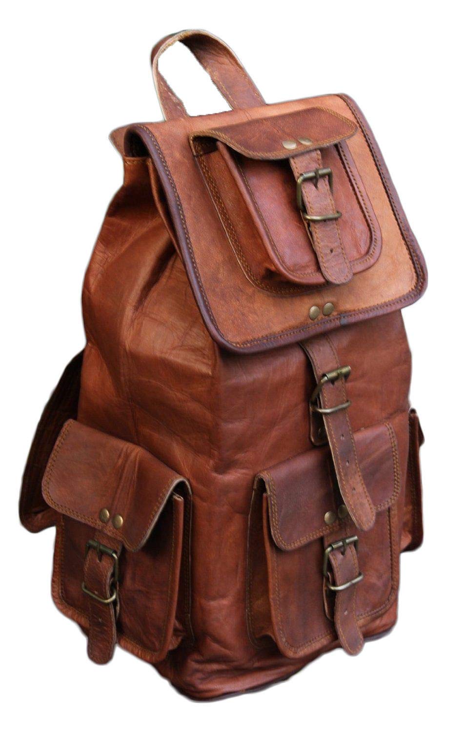 20" Retro Travel Rucksack Backpack Brown Leather Bag for Men Women