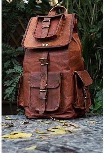 20" Retro Travel Rucksack Backpack Brown Leather Bag for Men Women