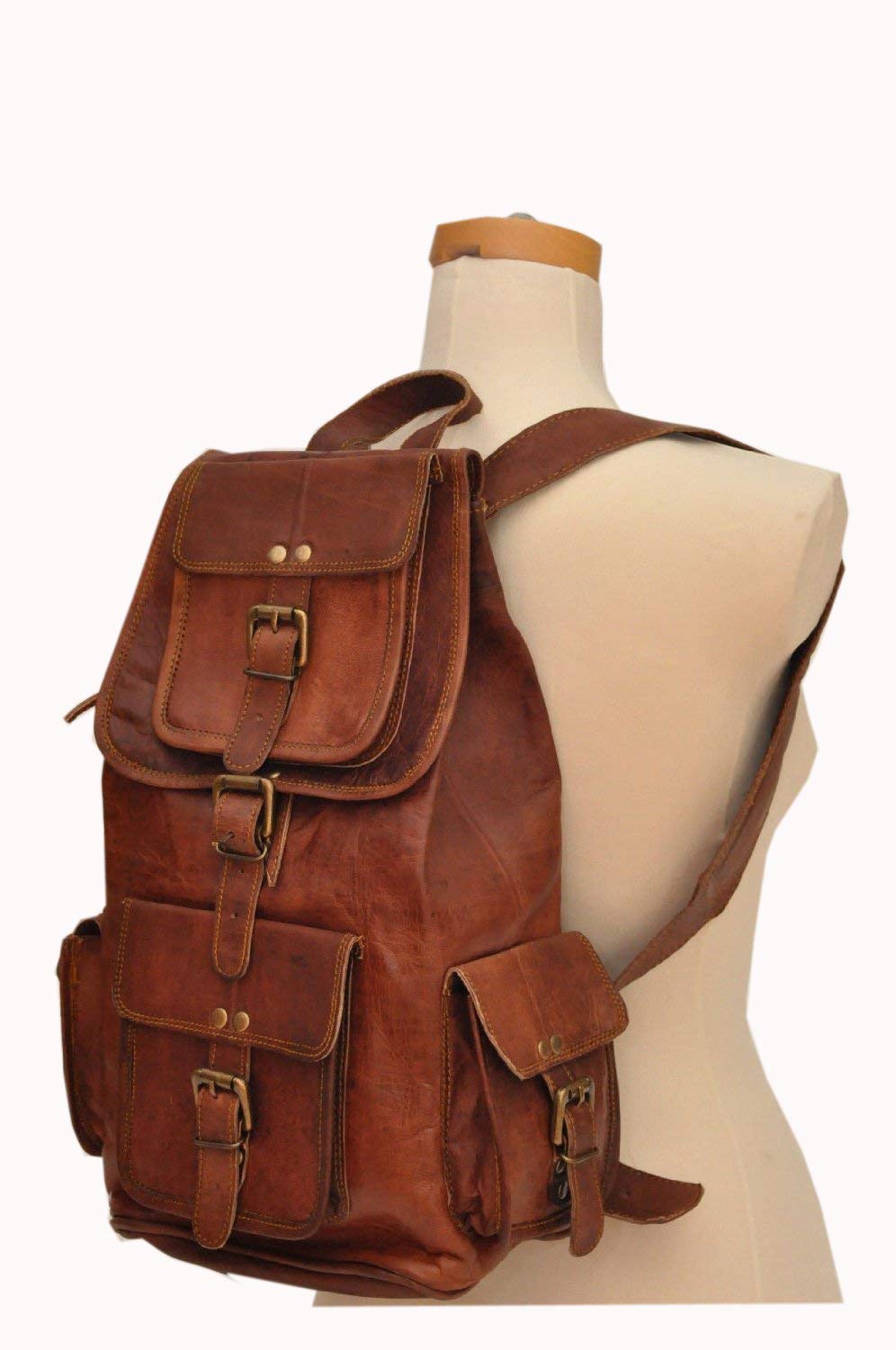 20" Retro Travel Rucksack Backpack Brown Leather Bag for Men Women