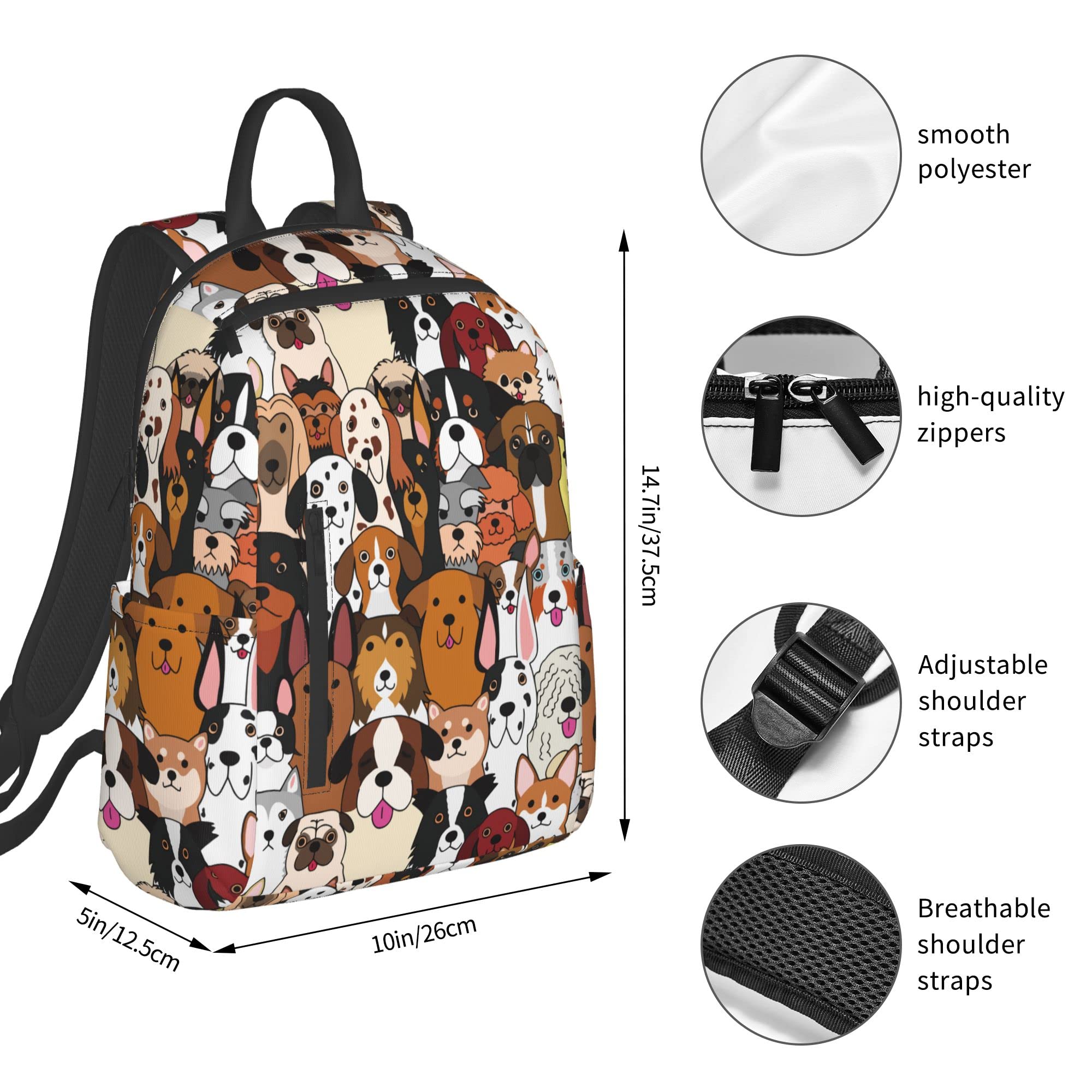 14.7 Inches Backpacks Cute Book Bag for Students Commuting, Cute Doodle Dog Print Animal Funny Backpack Durable Travel Bags with Multiple Zipper Pockets Design Rucksack for Outdoor