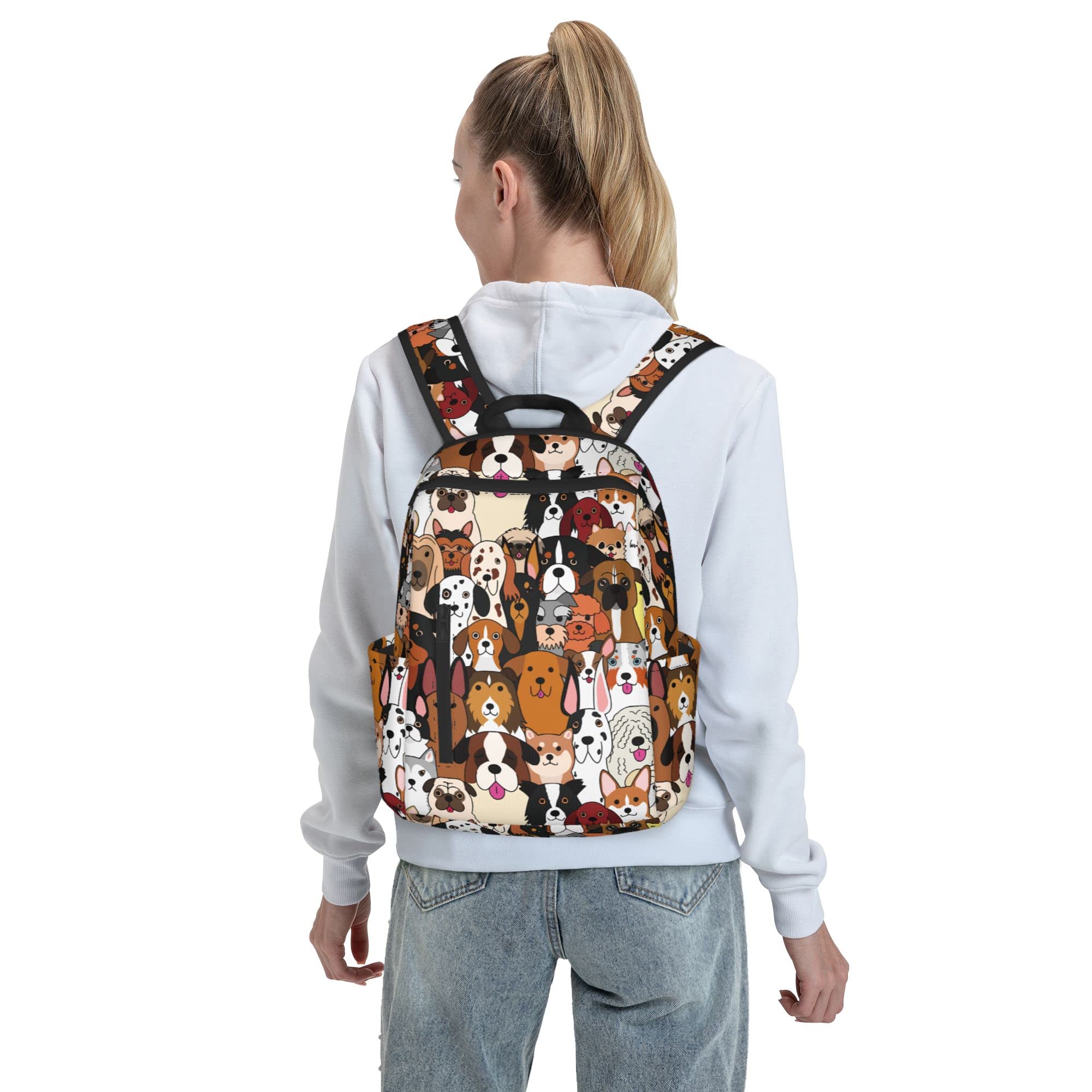 14.7 Inches Backpacks Cute Book Bag for Students Commuting, Cute Doodle Dog Print Animal Funny Backpack Durable Travel Bags with Multiple Zipper Pockets Design Rucksack for Outdoor
