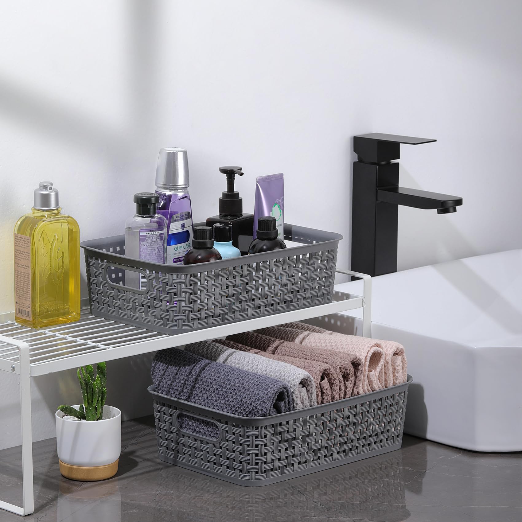 [ 8 Pack ] Plastic Storage Baskets - Small Pantry Organization and Storage Bins - Household Organizers for Laundry Room, Bathrooms, Bedrooms, Kitchens, Cabinets, Countertop, Under Sink or On Shelves