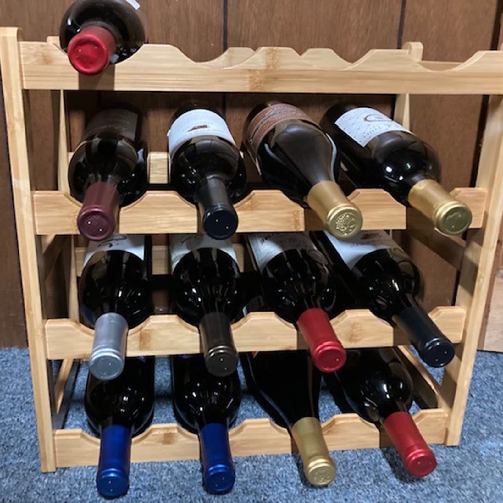 TOPZEA Countertop Wine Rack Free Standing, 16-Bottle Wood Wine Storage Rack 4-Tier Rustic Wine Display Shelf Floor Stackable Wine Bottle Holder Stand for Kitchen, Bar, Pantry, Cabinet, Basement