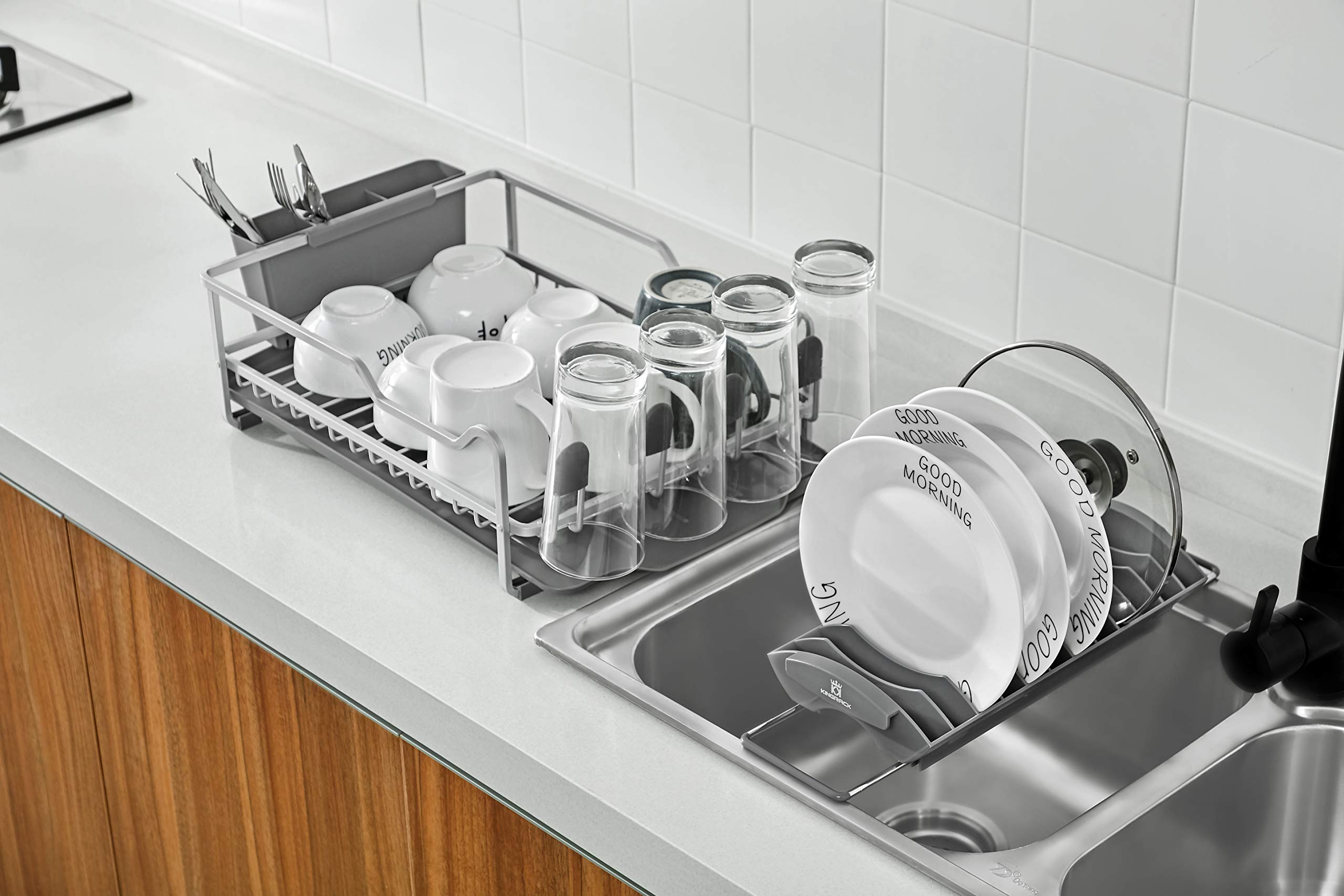 KK KINGRACK Aluminum Dish Rack with Expandable Over The Sink, in Sink Dish Drying Rack and Drain Broad, Removable Cutlery Holder, Anti-Scratch Cup Holder (112040)