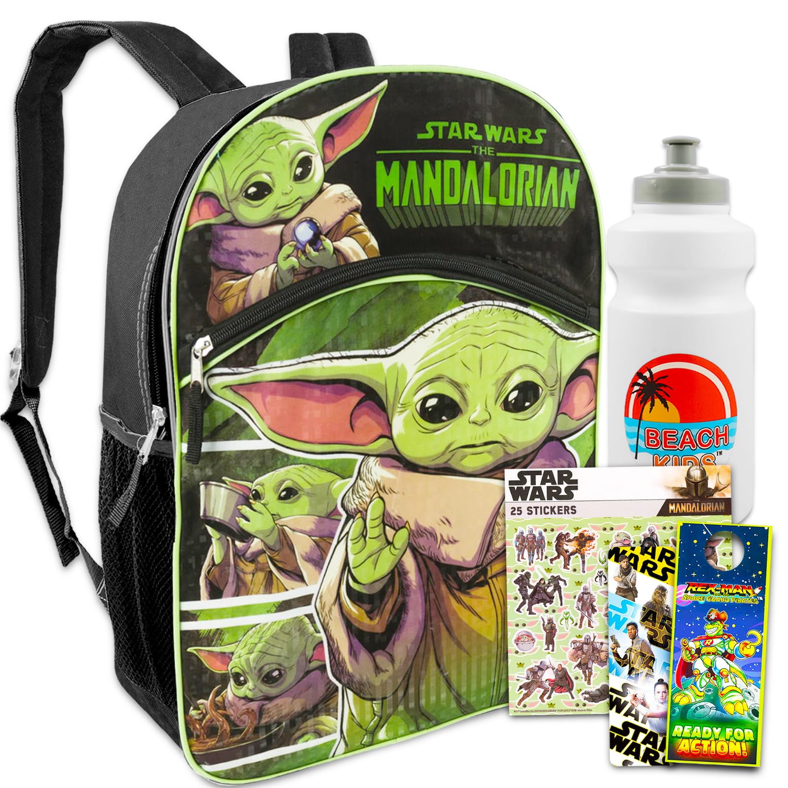 Fast Forward Baby Yoda Backpack For Boys 8-12 Set - Mandalorian Backpack for Boys Bundle with Water Pouch, Stickers, More | Star Wars School Supplies