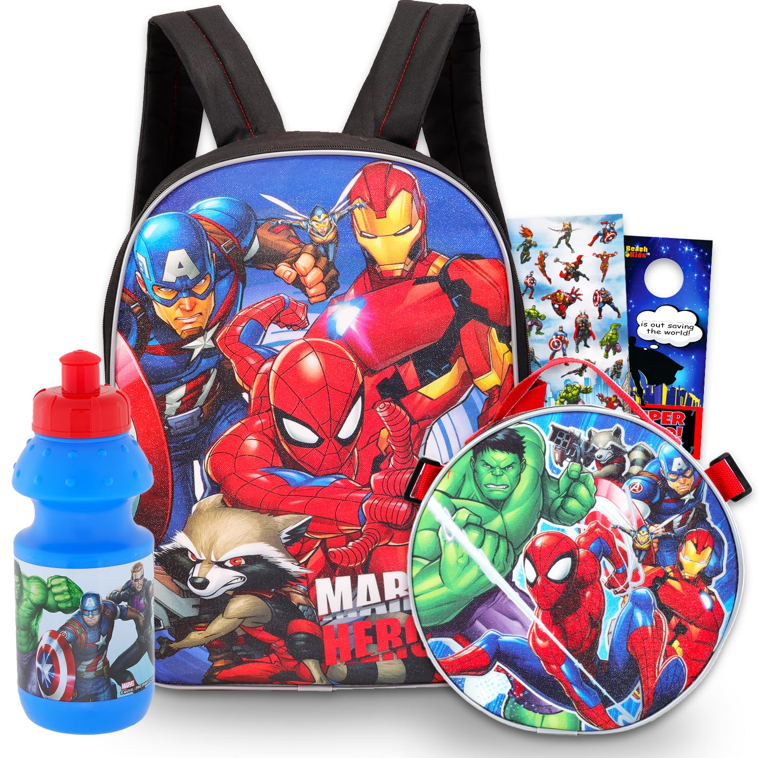 Avengers Backpack with Lunch Box Set - Avengers Backpack for Boys 4-6, Avengers Lunch Box, Water Bottle, Stickers, More | Marvel Avengers Backpack for Boys