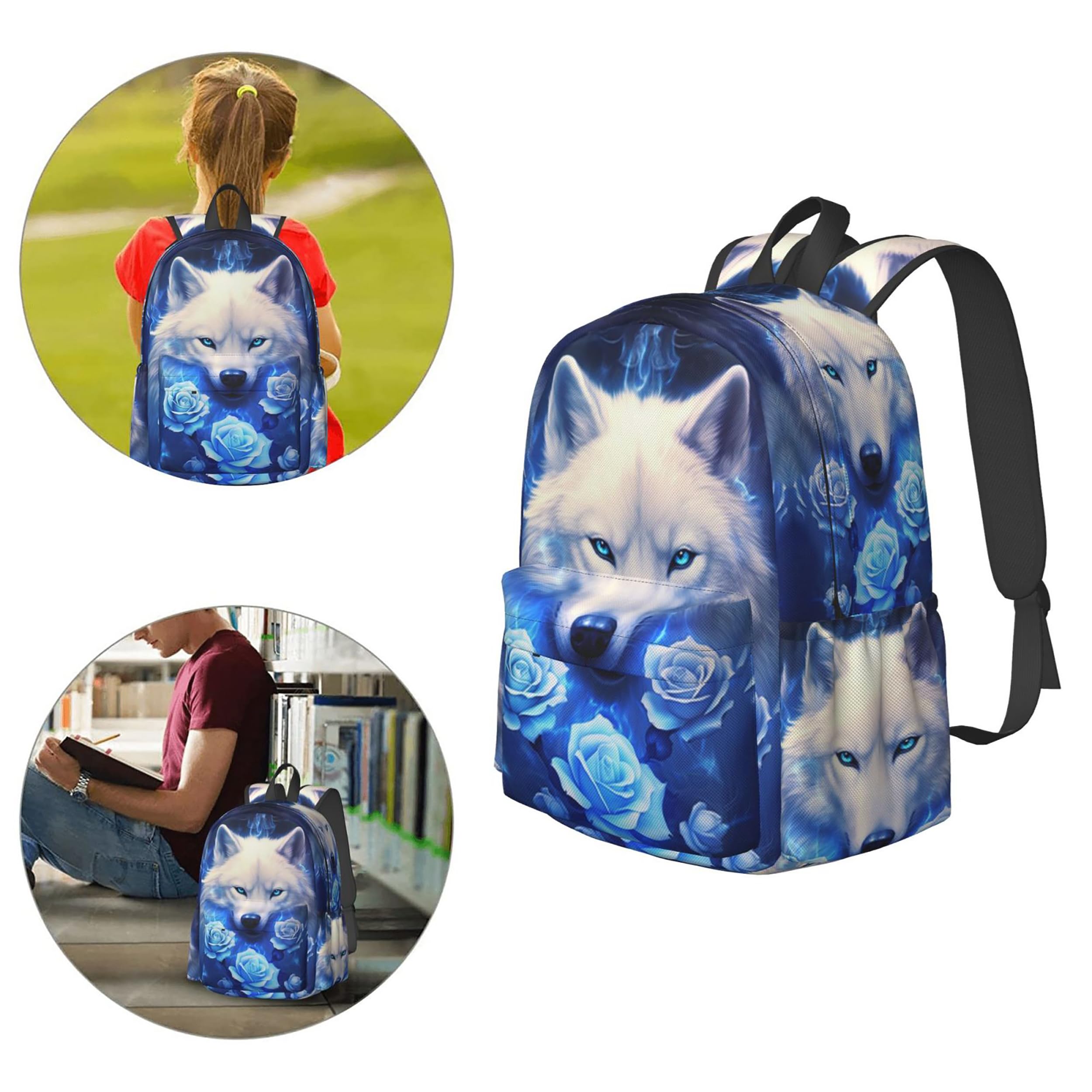 FeHuew 16 inch backpack Fantasy Blue Roses Wolf Laptop Backpack Full Print School Bookbag Shoulder Bag for Travel Daypack
