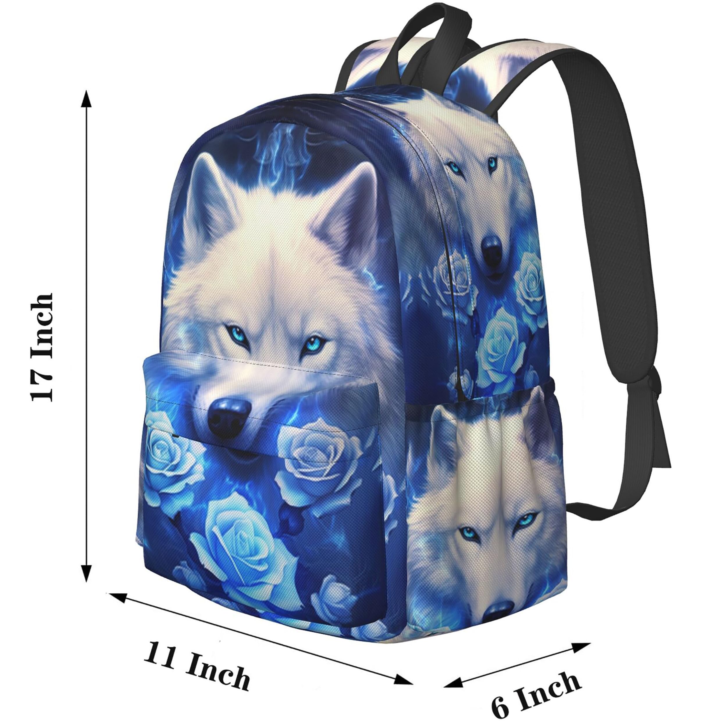 FeHuew 16 inch backpack Fantasy Blue Roses Wolf Laptop Backpack Full Print School Bookbag Shoulder Bag for Travel Daypack