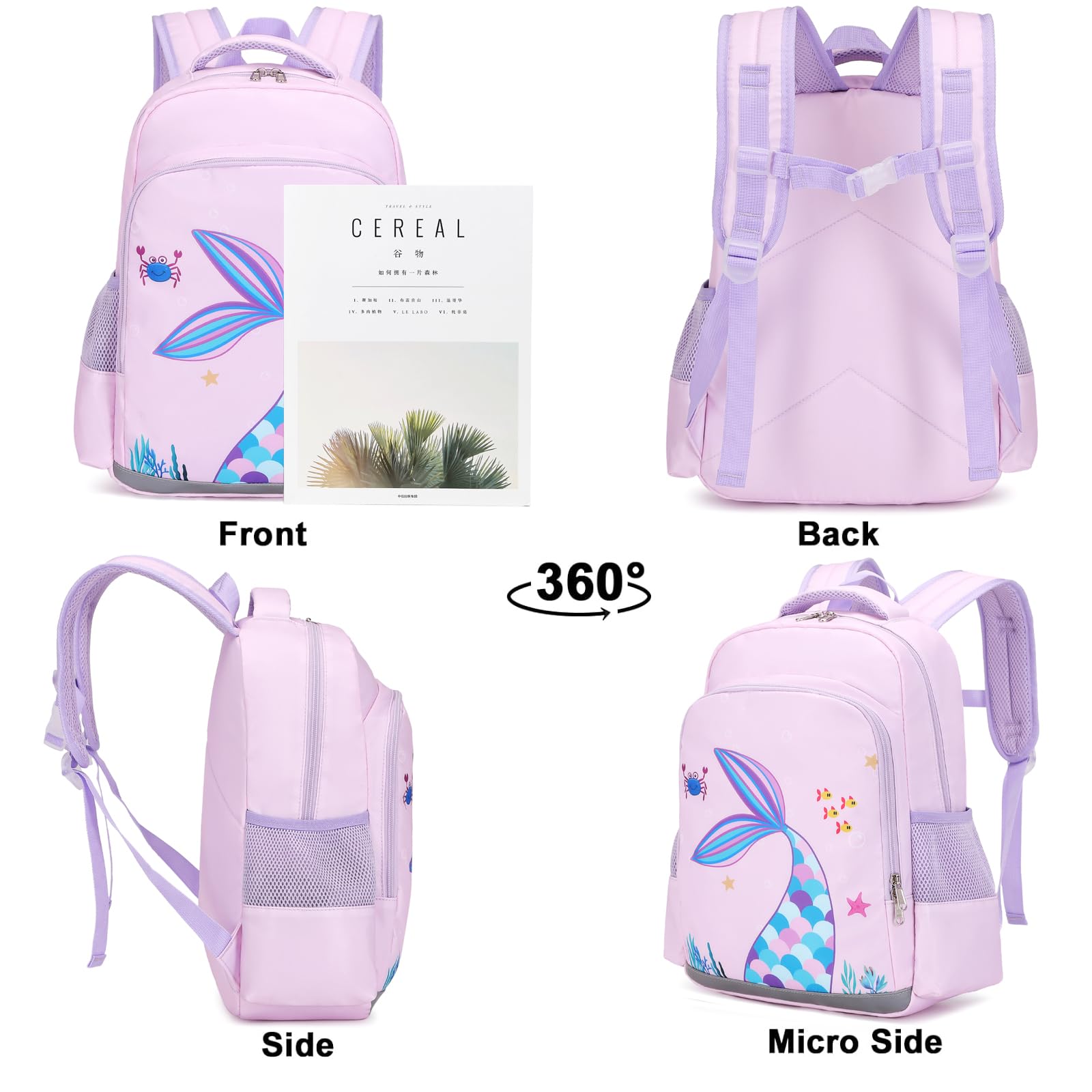 Backpack for Girls Kids Backpack with Lunch Box Mermaid Preschool Kindergarten Back Pack Bookbags with Chest Strap
