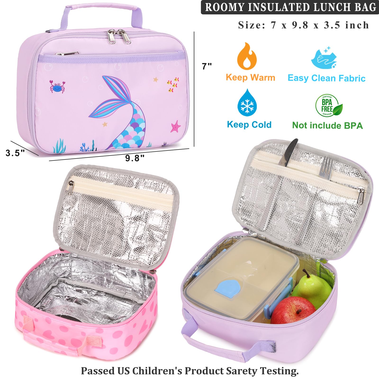 Backpack for Girls Kids Backpack with Lunch Box Mermaid Preschool Kindergarten Back Pack Bookbags with Chest Strap