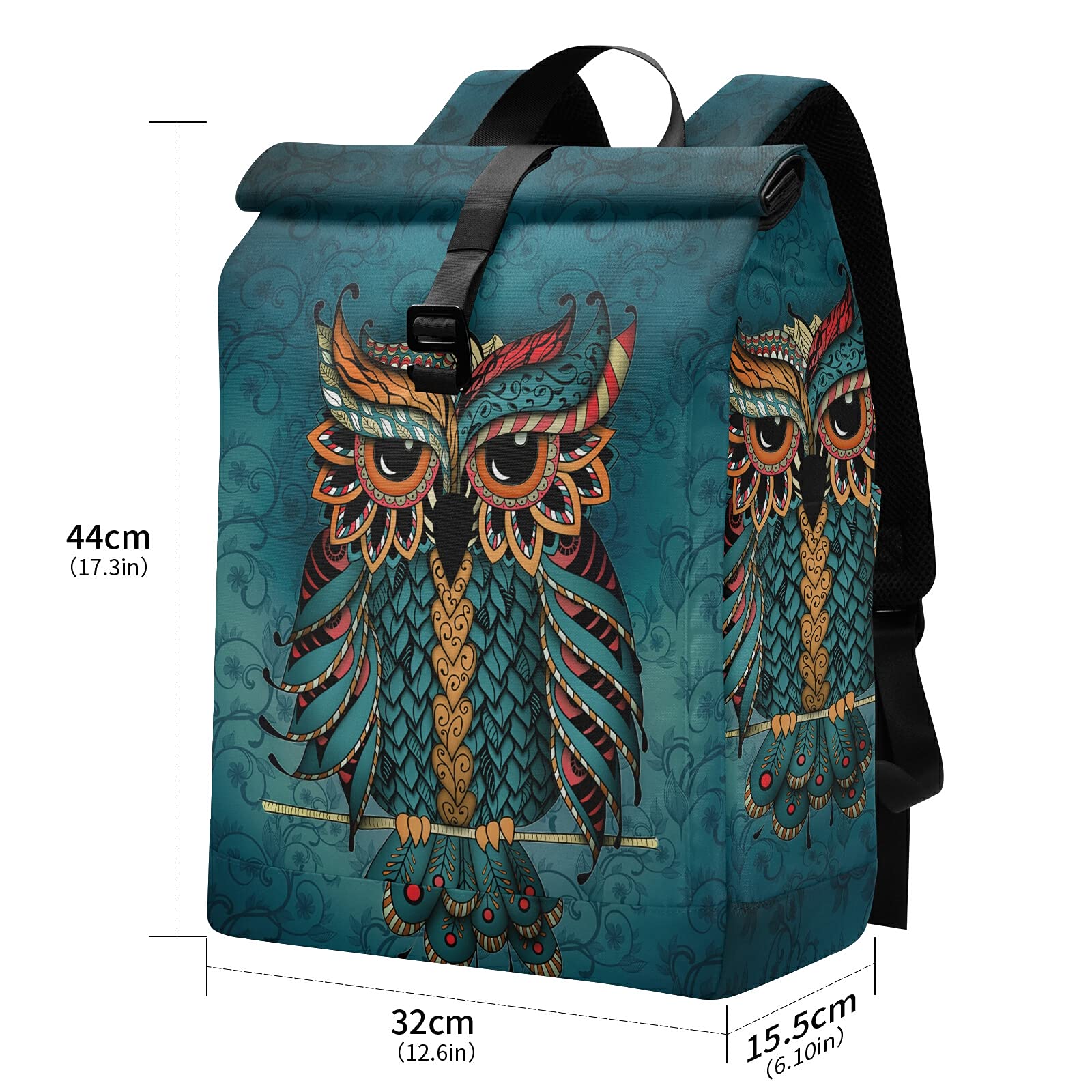 ALAZA Green Owl Print Patrick Boho Ethnic Large Laptop Backpack Purse for Women Men Waterproof Anti Theft Roll Top Backpack, 13 - 17.3 inch